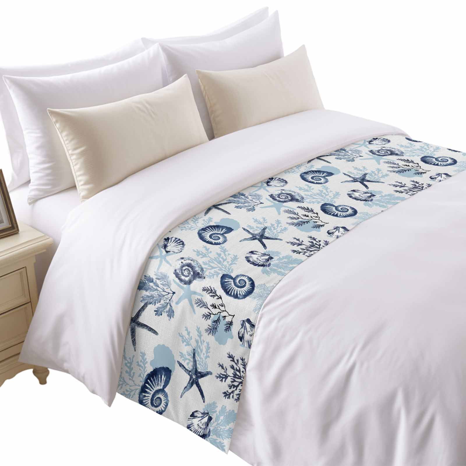 Summer Marine Life Bed Runner for Queen Size Bed, Ocean Watercolor Sea ...