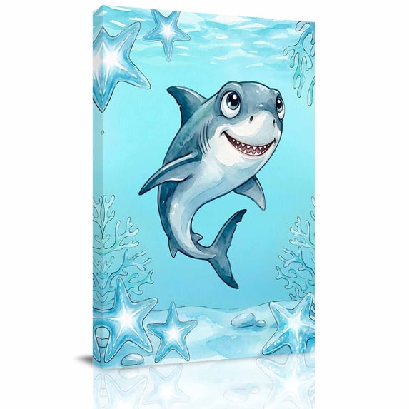 Summer Marine Life Canvas Wall Art for Living Room, Cartoon Sharks ...