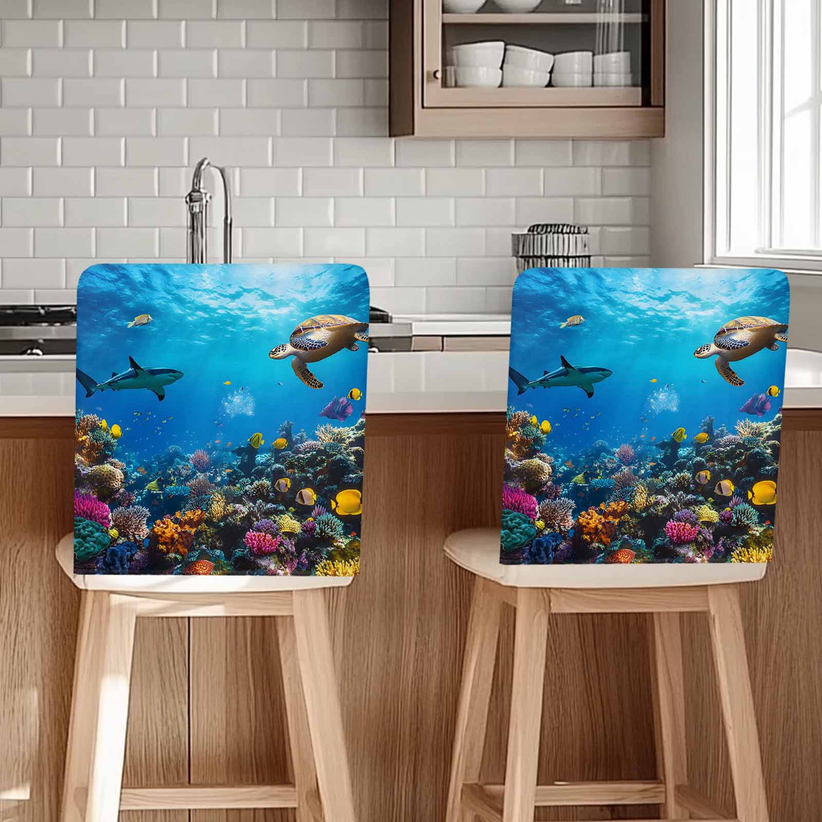 Summer Marine Life Chair Covers Set of 1 Modern Turtle Shark Coral Fish ...