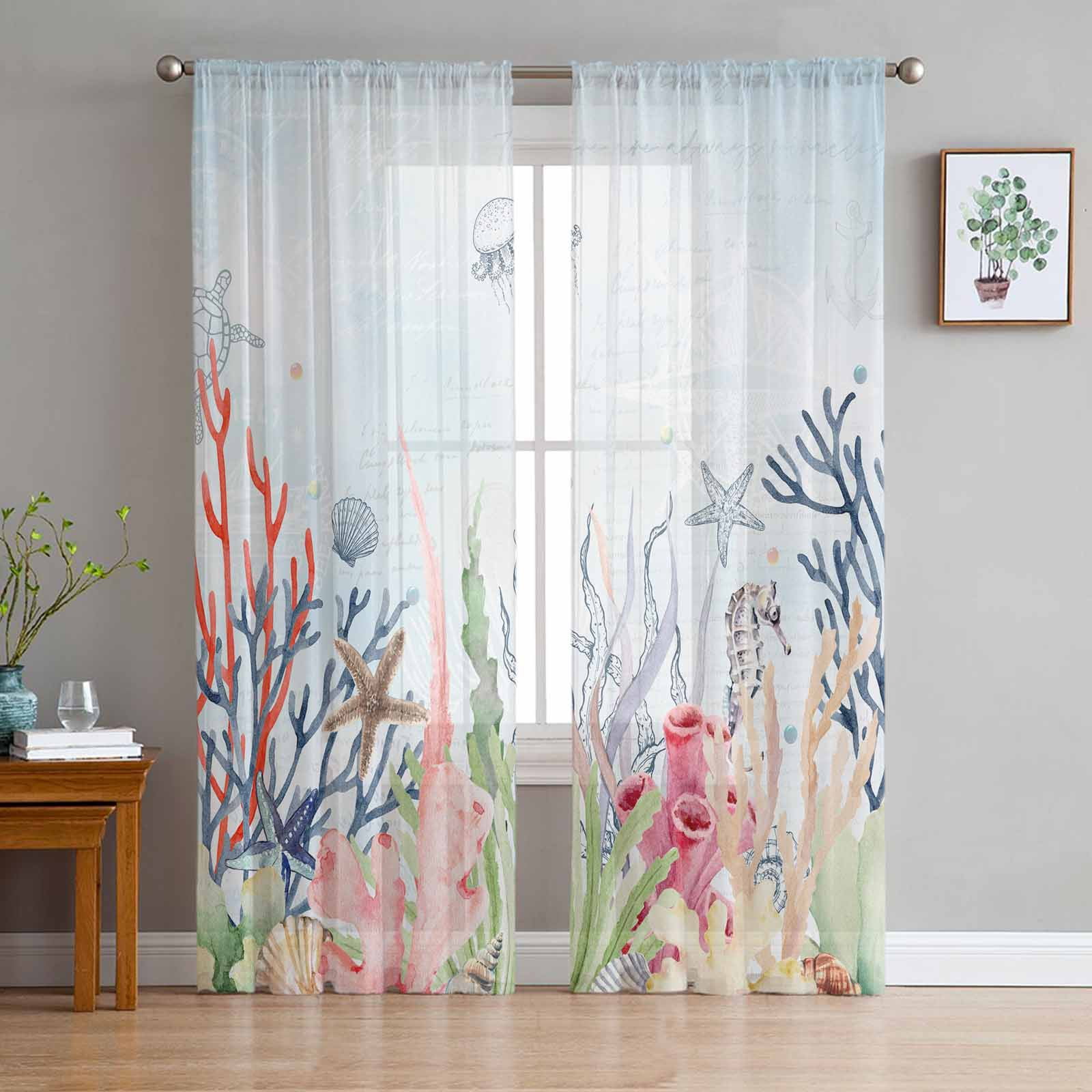 Summer Marine Life Coral Shells Star Curtain For Living Room Bedroom ...