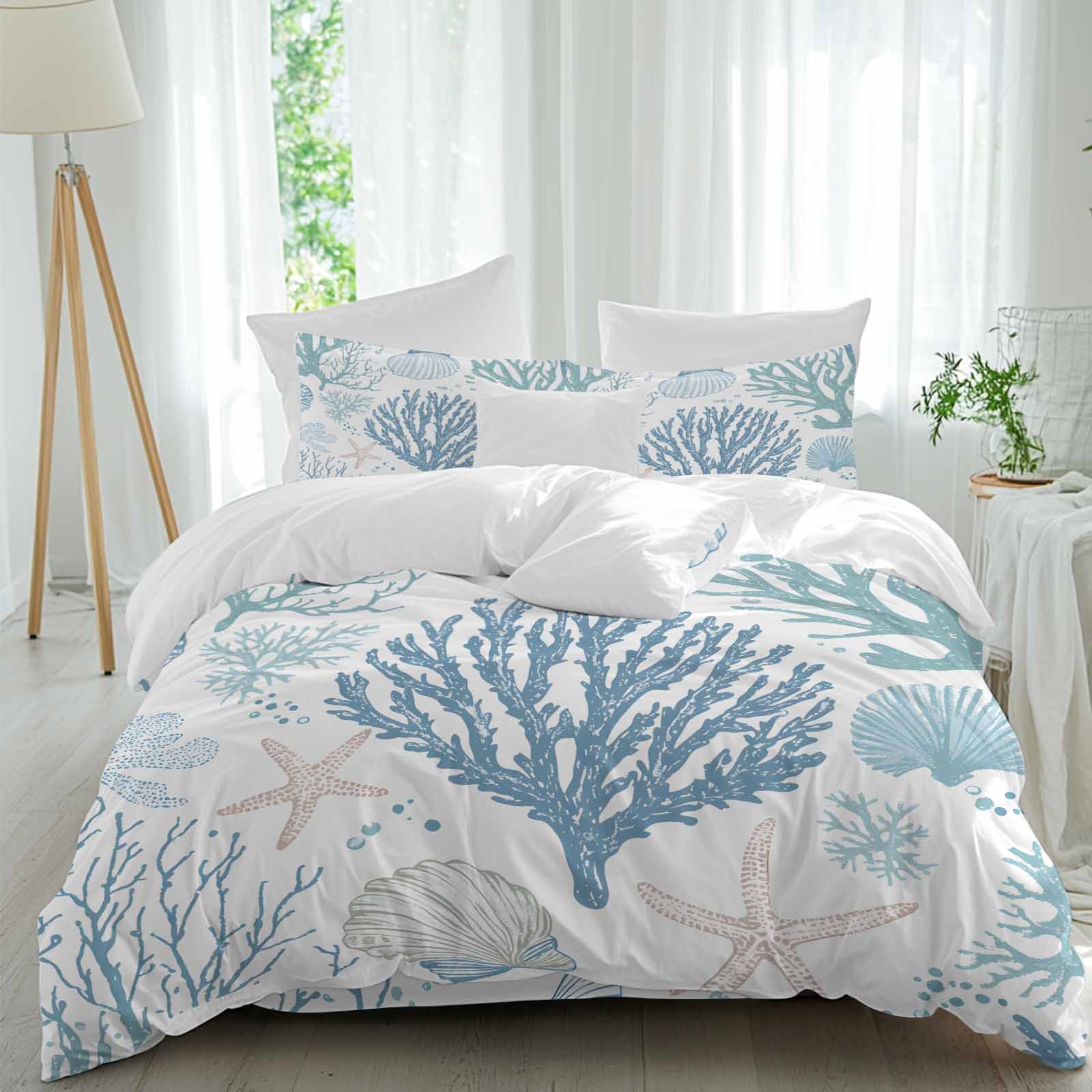 Summer Marine Life Duvet Cover Set Full Size Ocean Coral Shell Simple ...