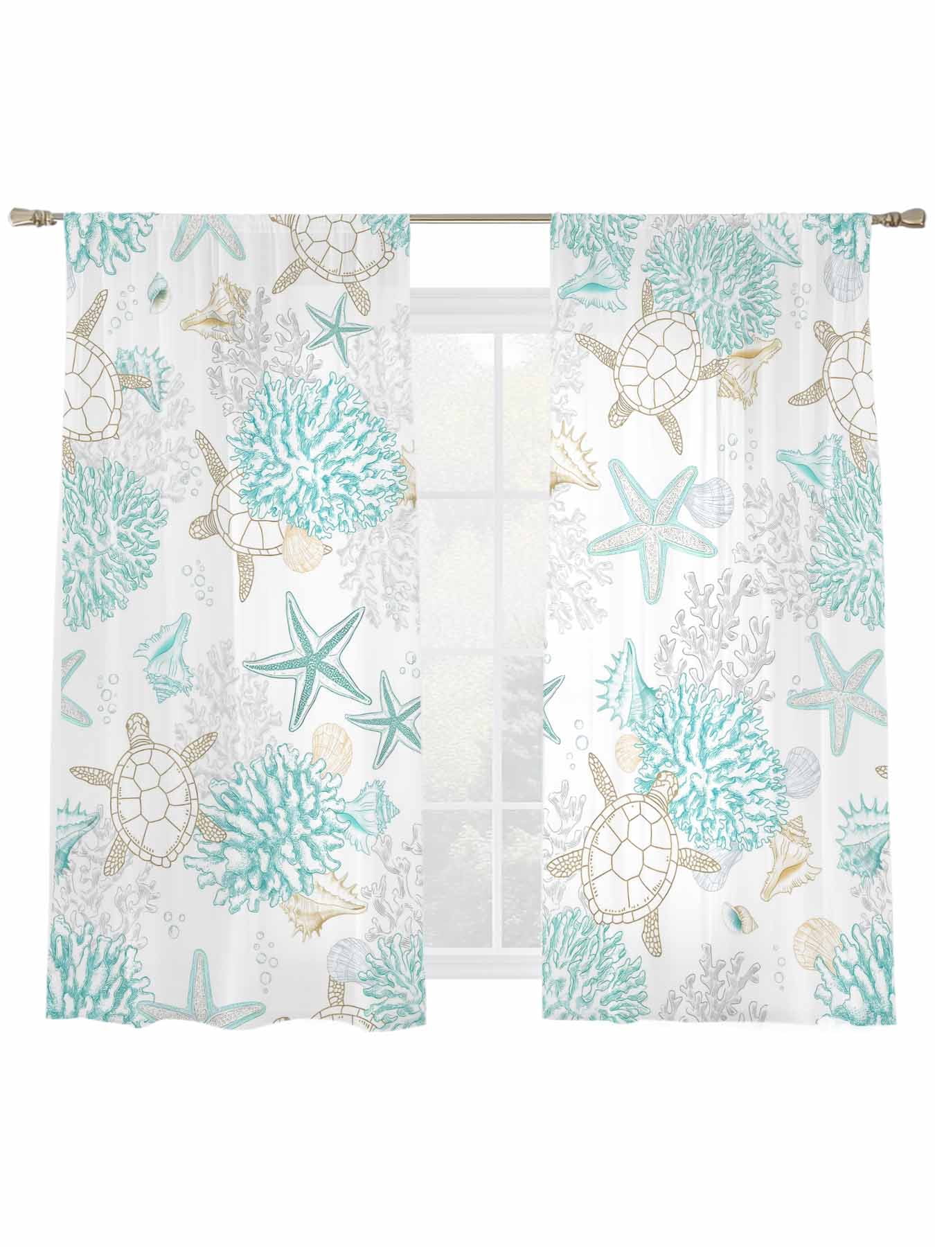 Summer Marine Life Sheer Curtains 2 Panels Set Ocean Blue Coral ...