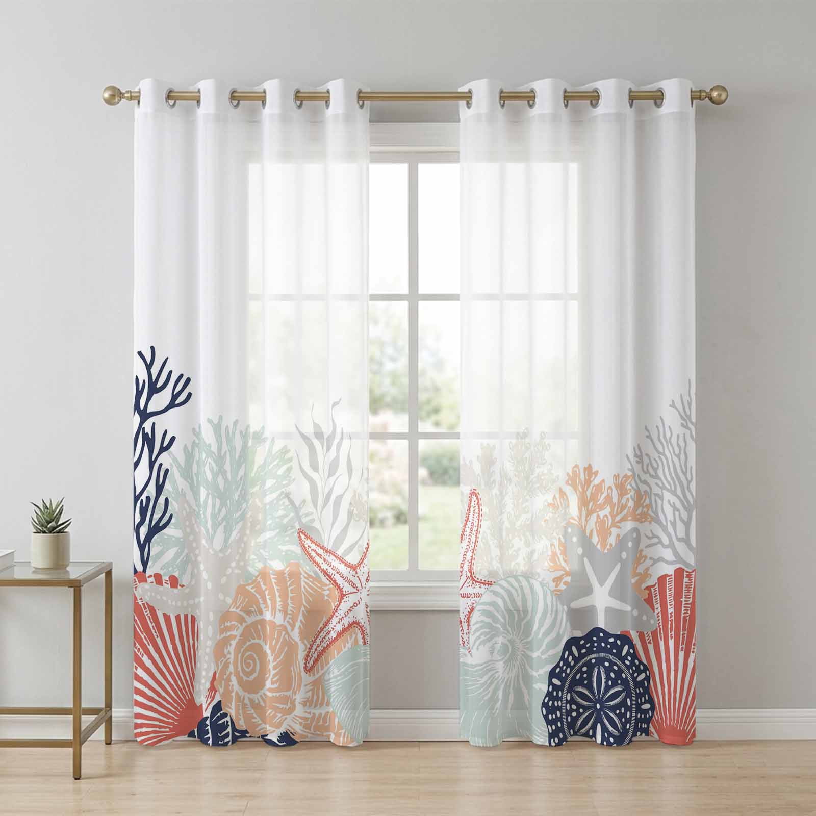 Summer Marine Life Sheer Curtains 63 Inch Long 2 Panels, Ocean Gray ...