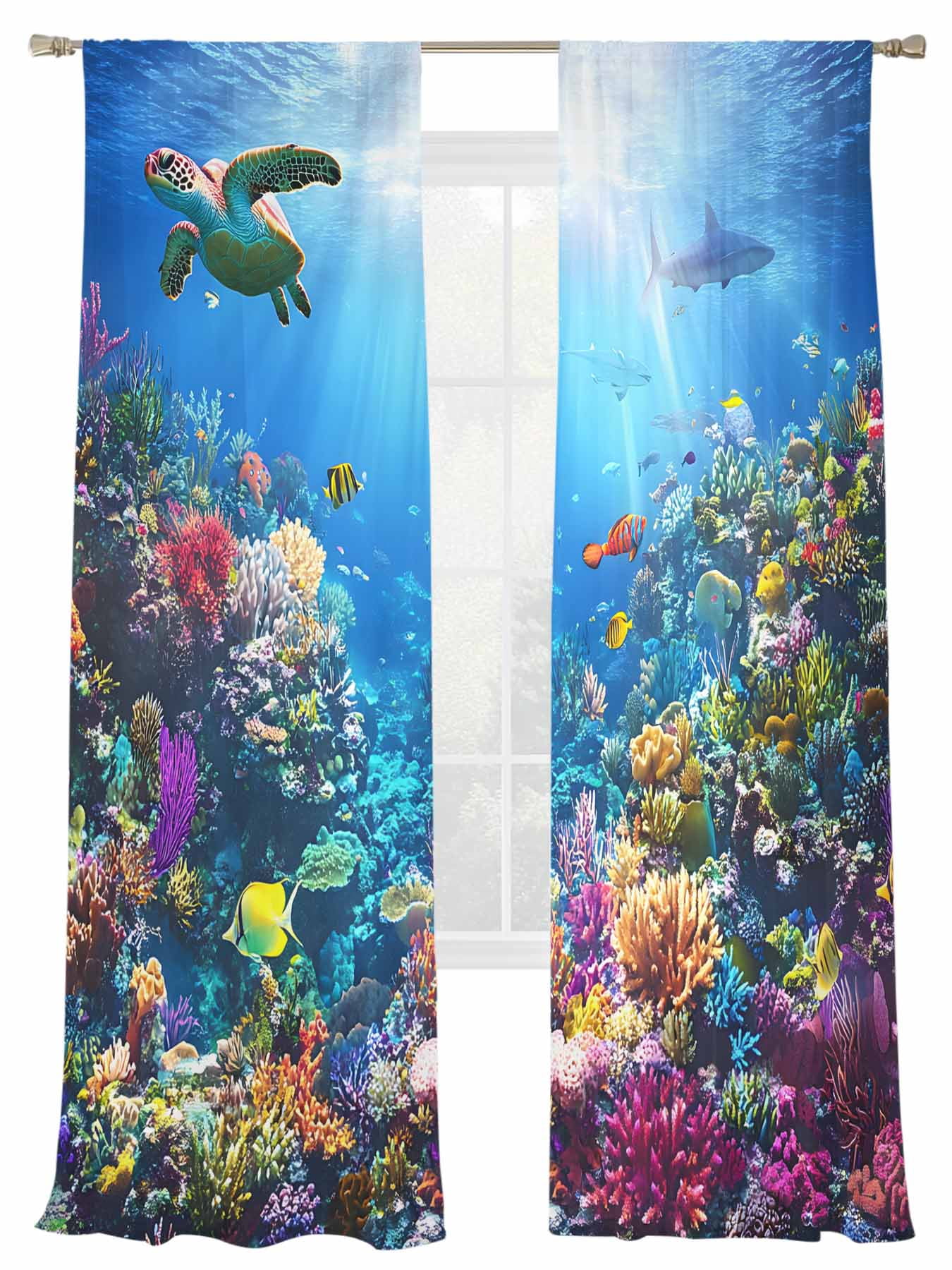 Summer Marine Life Sheer Curtains 96 Inch Long 2 Panels, Modern Shark ...