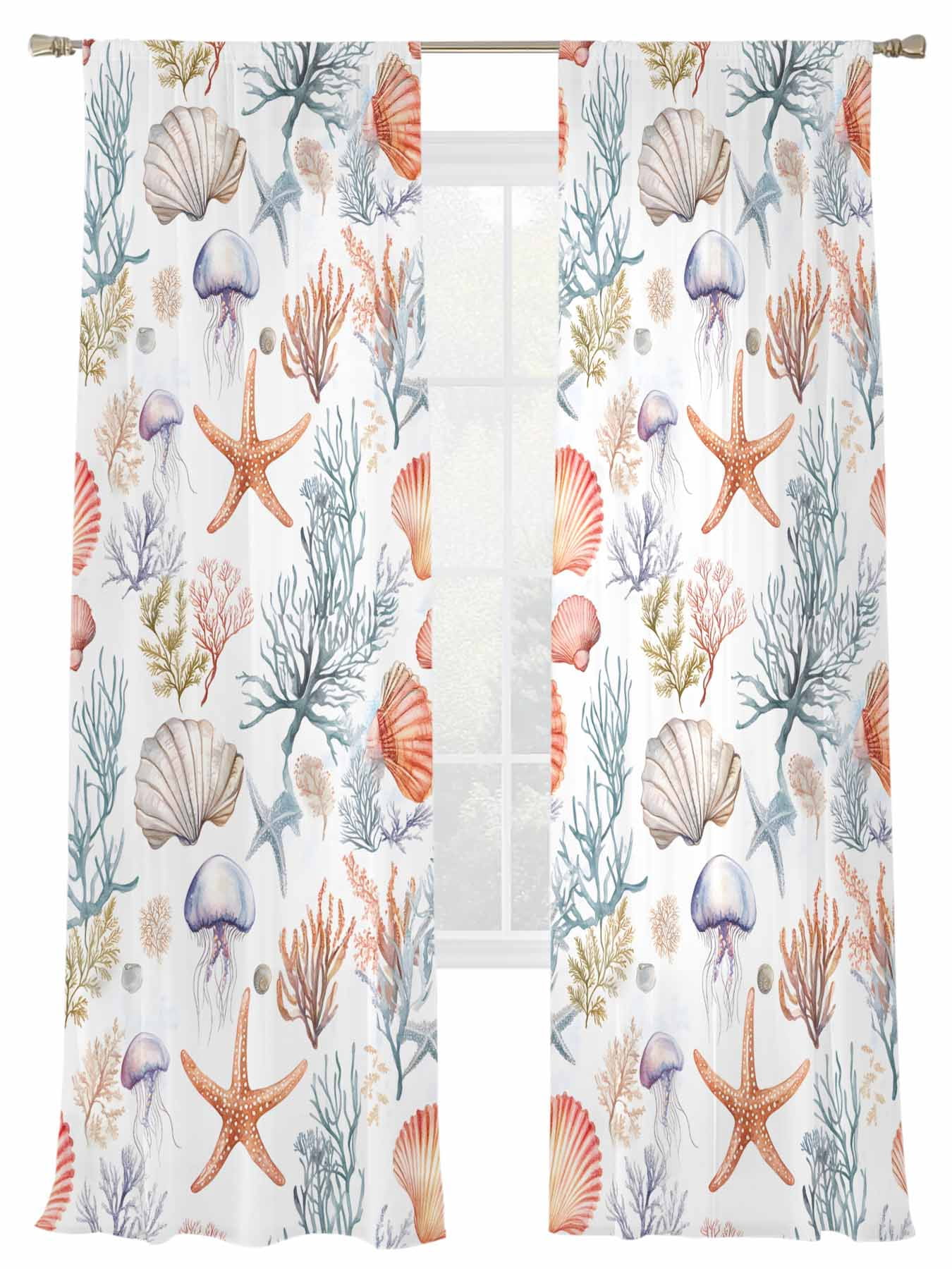 Summer Marine Life Sheer Curtains 96 Inch Long 2 Panels, Orange Conch ...