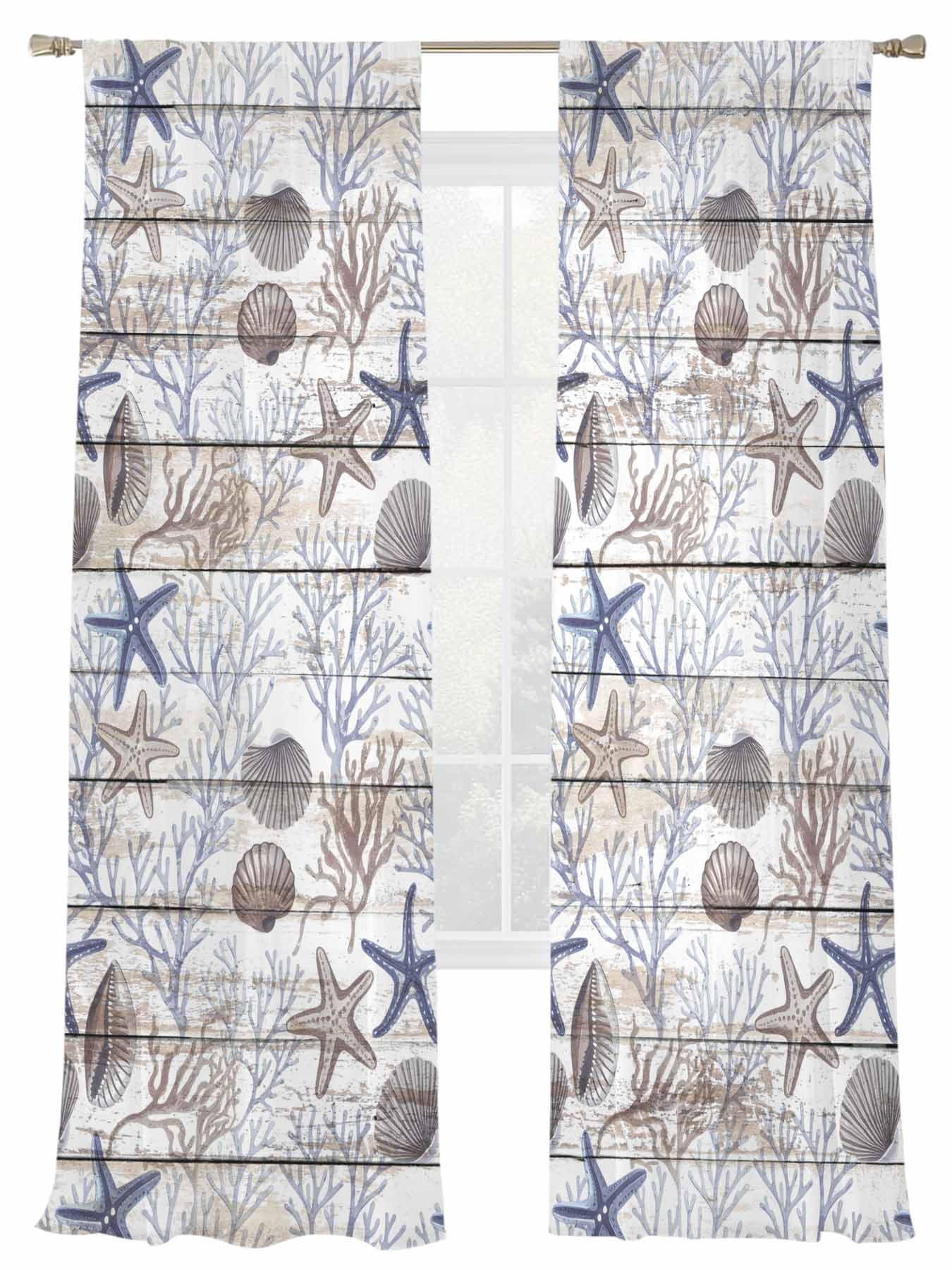 Summer Marine Life Sheer Curtains 96 Inch Long 2 Panels, Retro Brown ...