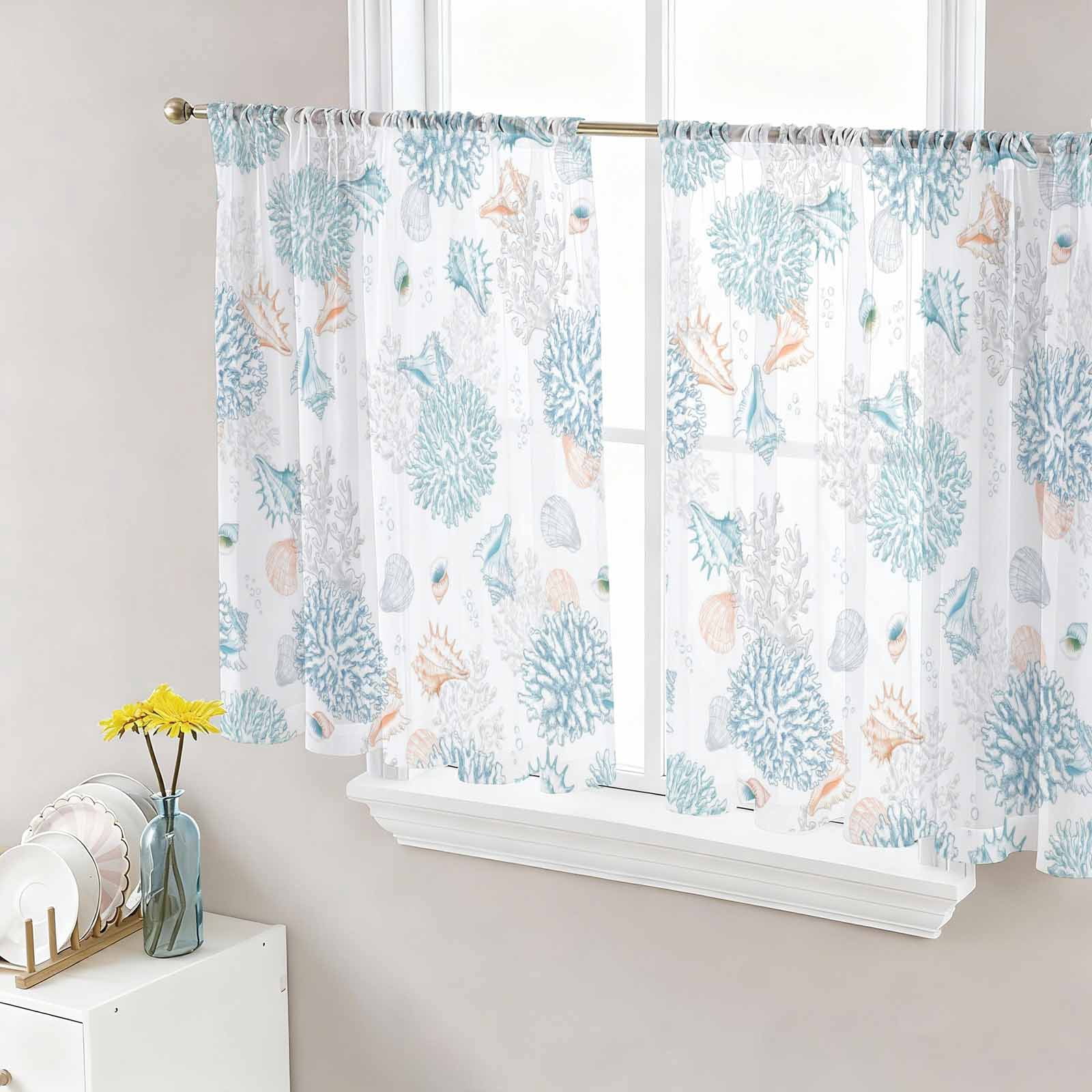 Summer Marine Life Sheer Curtains for Living Room Bedroom, Ocean Blue ...