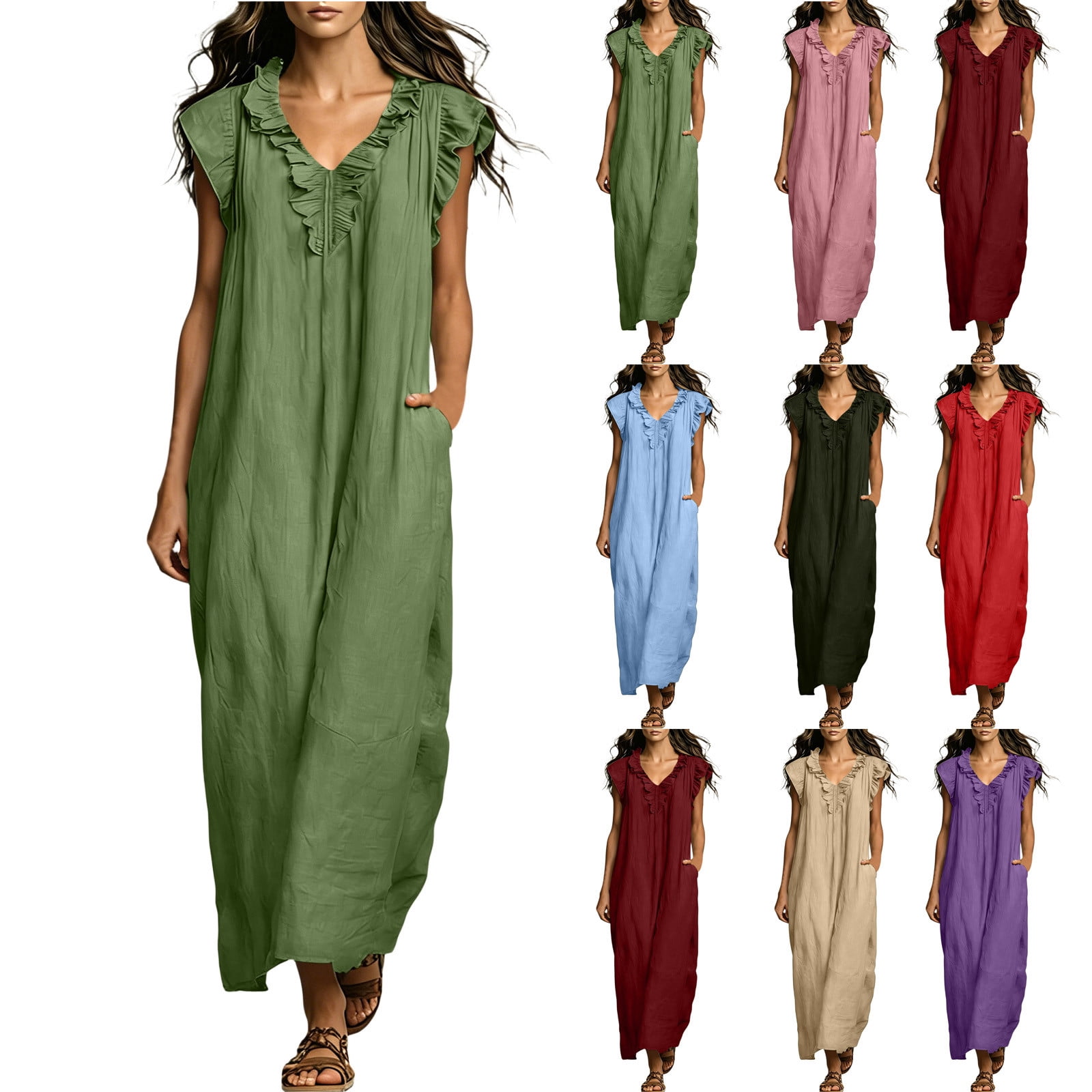 Summer Maxi Dress for Women with Pockets Ruffled Trim V Neck Sleeveless ...