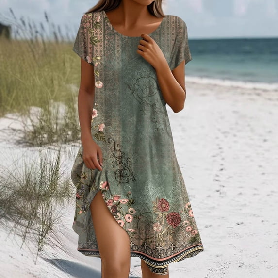 Summer Maxi Dresses for Women 2026 Short Sleeve T Shirts Dress Floral ...