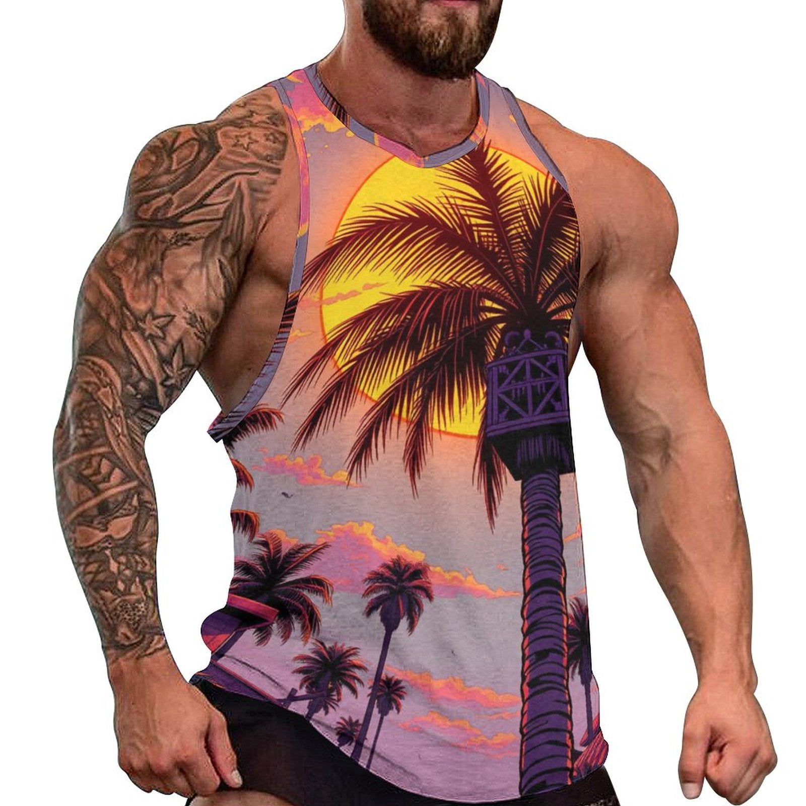 Summer Men Tank Top Sunset Palm Workout Bodybuilding Sleeveless Tee ...