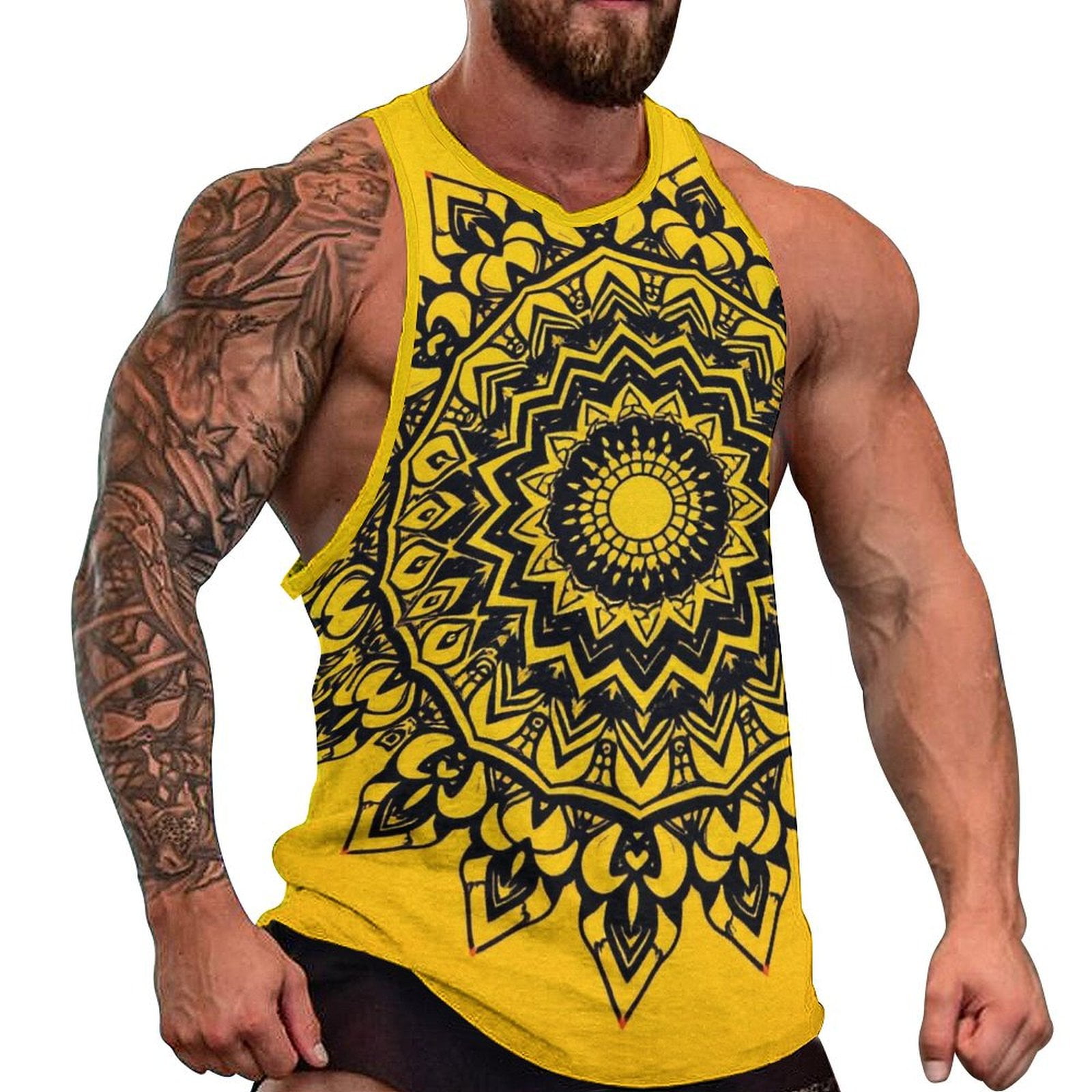 Summer Men Tank Top Yellow Boho Mandala Workout Bodybuilding Sleeveless ...