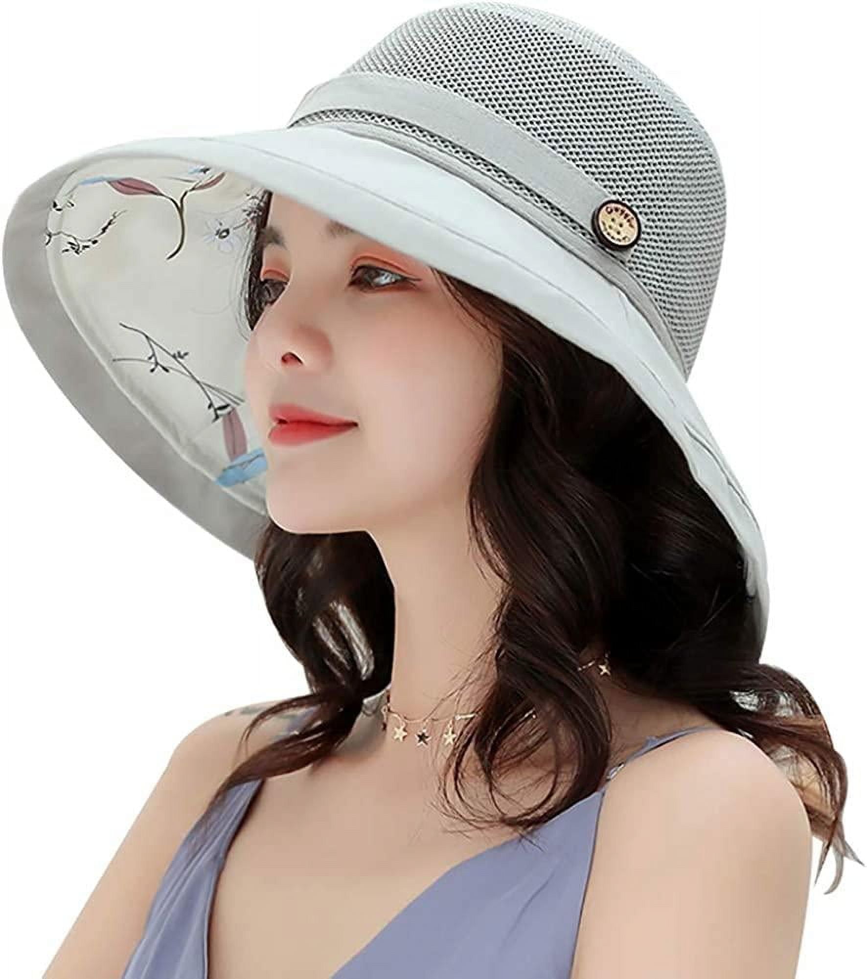 Summer Mesh Sun Hats for Women Lightweight Beach Hat Floral UPF50+ Packable Wide Brim Bucket Hat ...