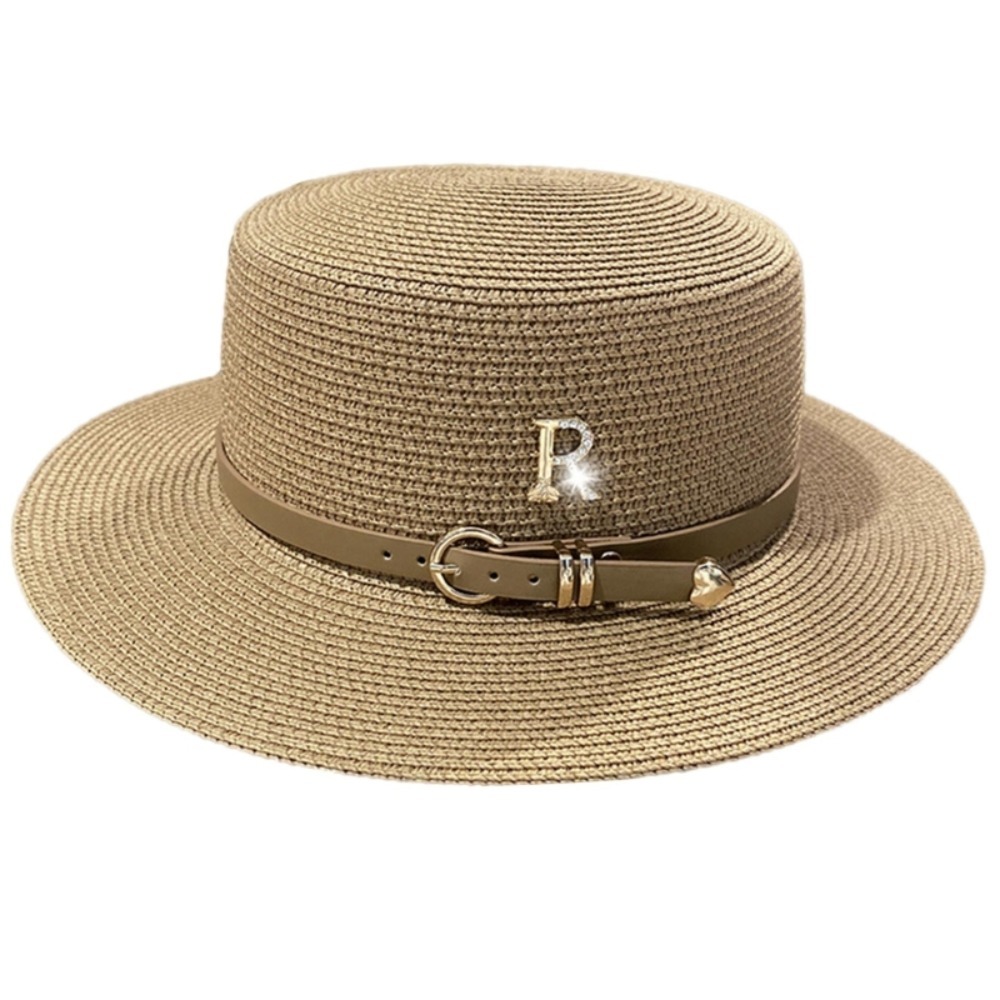 Summer Metal R Cap Fishman Hats Bucket Hat Women Lady Church Hats Letter Buckle Straw Hat ...