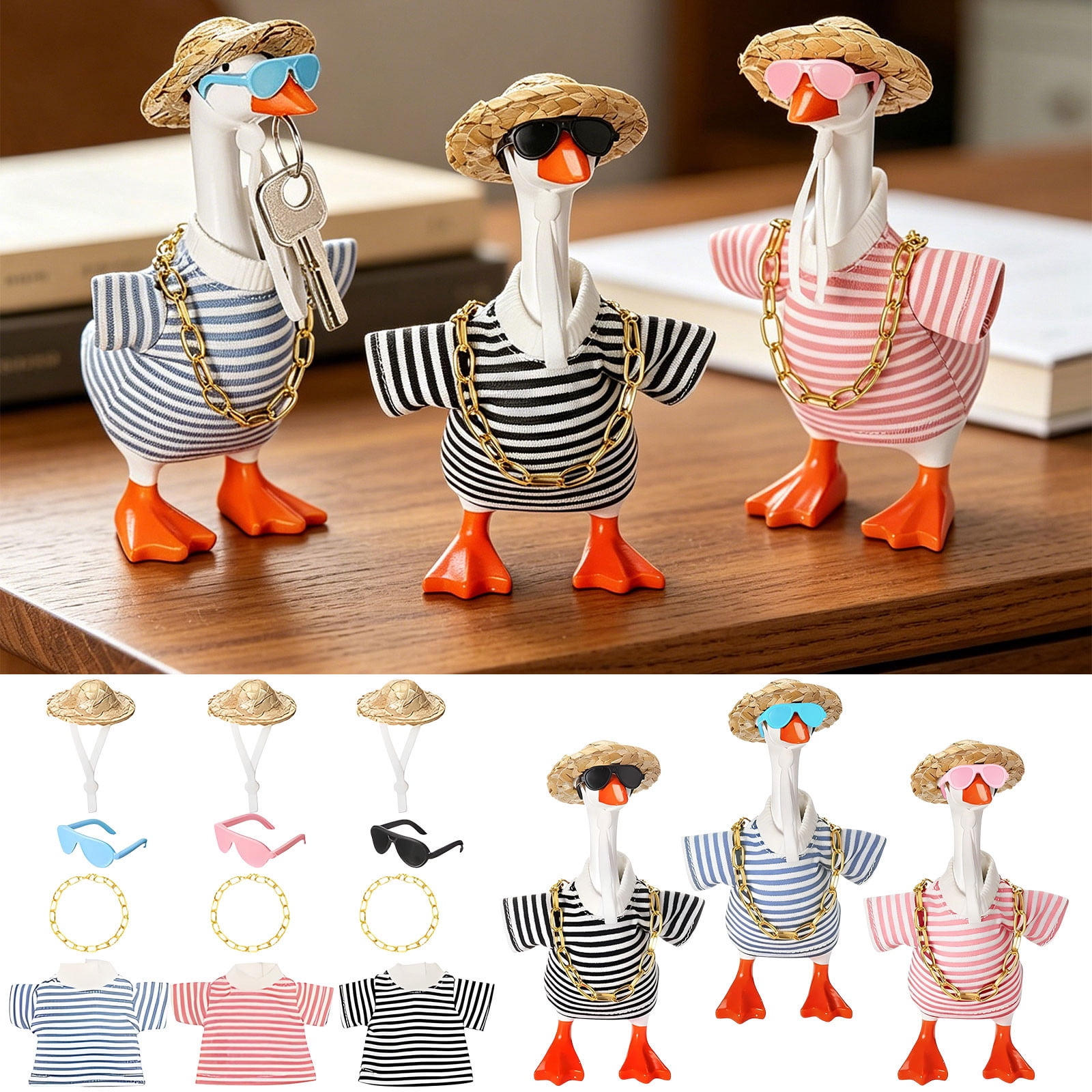 Summer Mini Duck Outfit Set Statue Accessories • Striped Shirt Straw ...