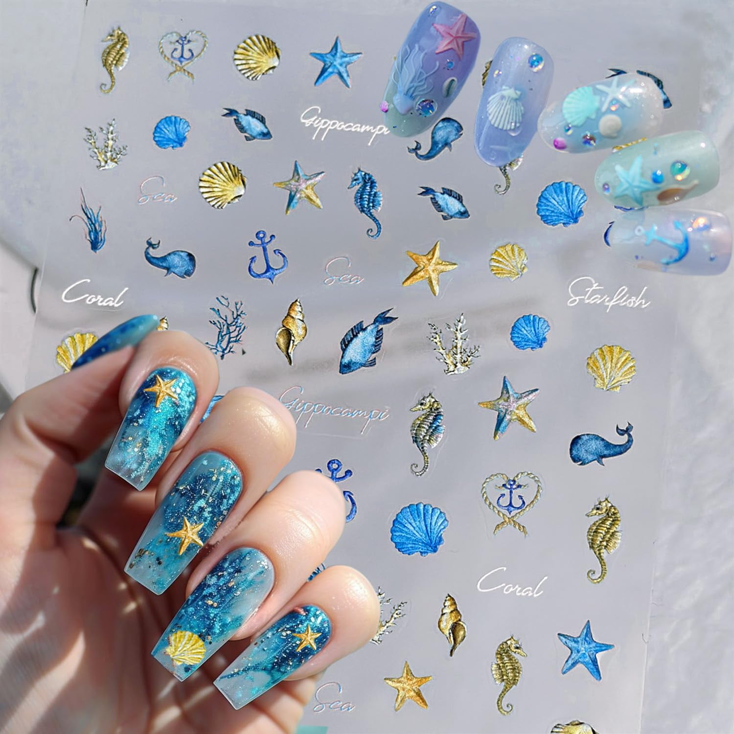 Summer Nail Stickers 5D Embossed Colorful Shell Starfish Ocean Nail Art ...