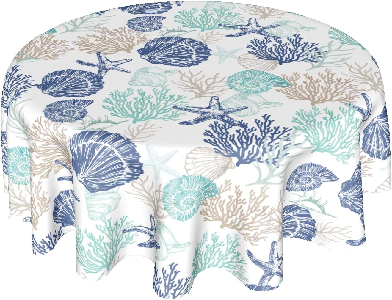 Summer Nautical Coastal Tablecloth Round 60 Inch, Beach Starfish Coral ...