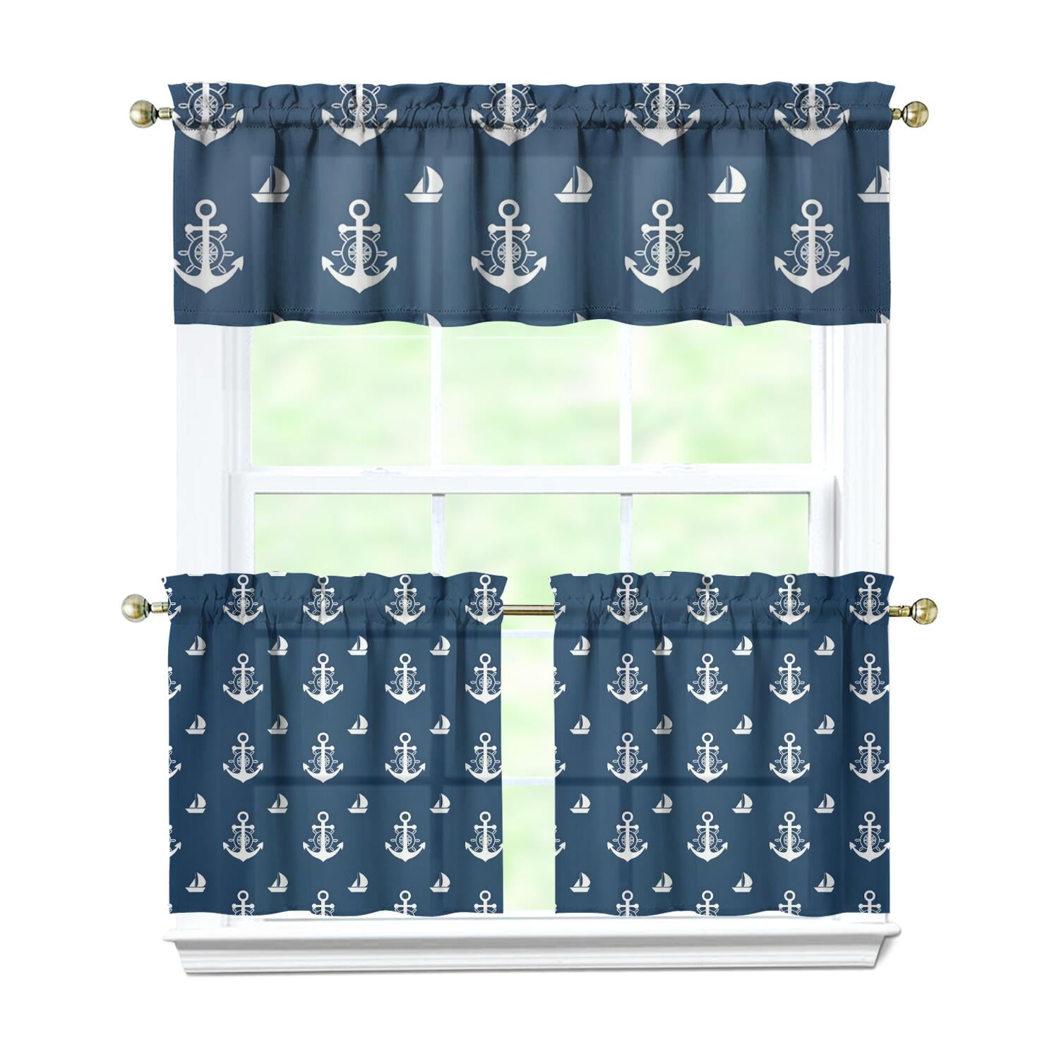 Summer Nautical Kitchen Curtains Set Marine Anchor Lighthouse Boat Wave ...