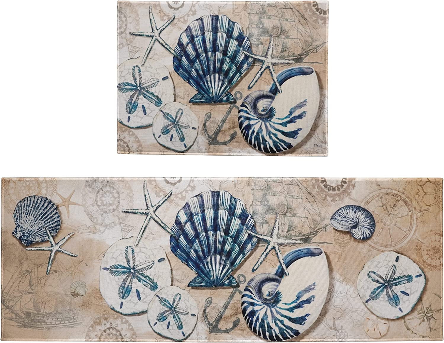 Summer Nautical Kitchen Rugs Set 2 Piece,Ocean Theme Seashell ...