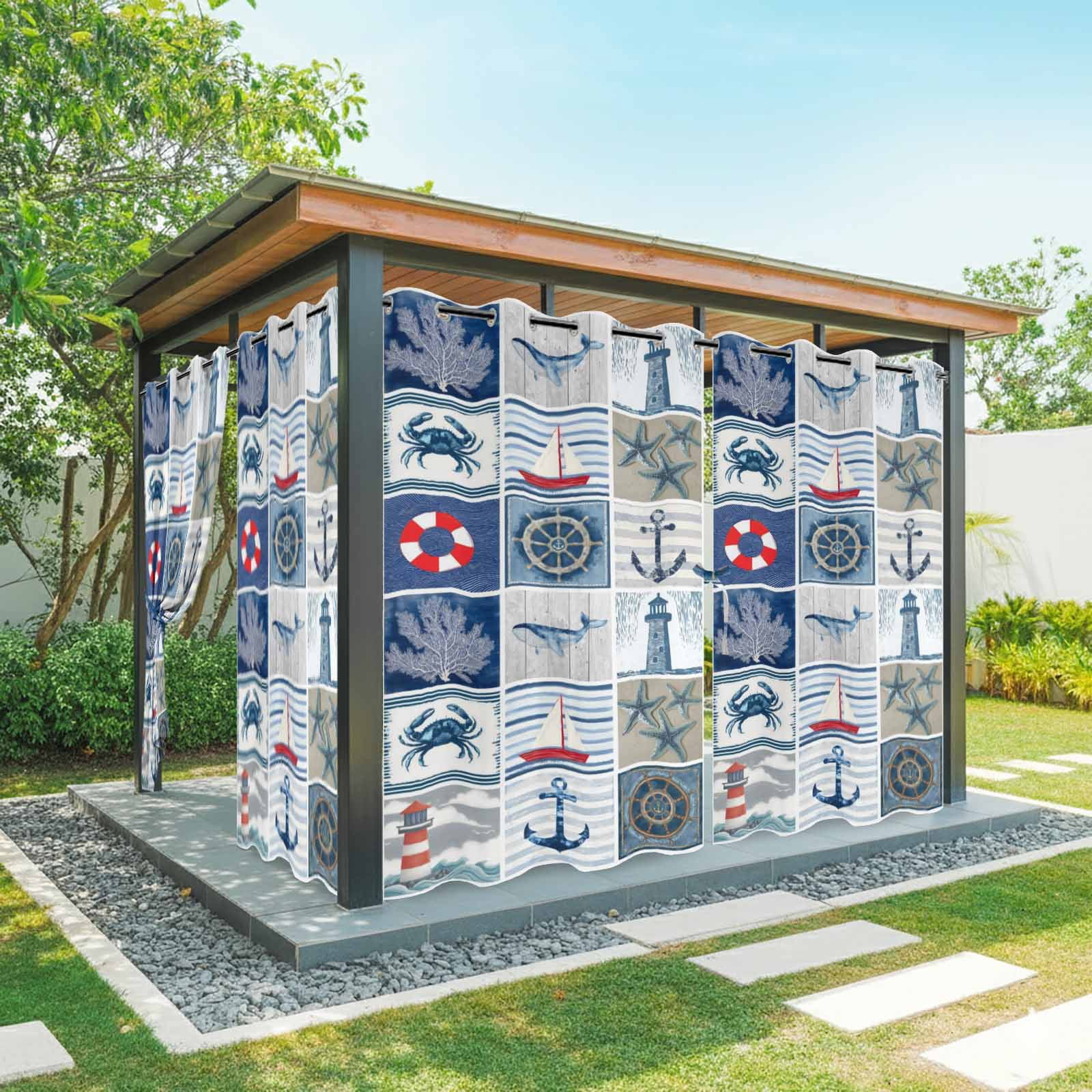 Summer Nautical Outdoor Curtains for Patio, Blue Anchor Lighthouse Crab ...
