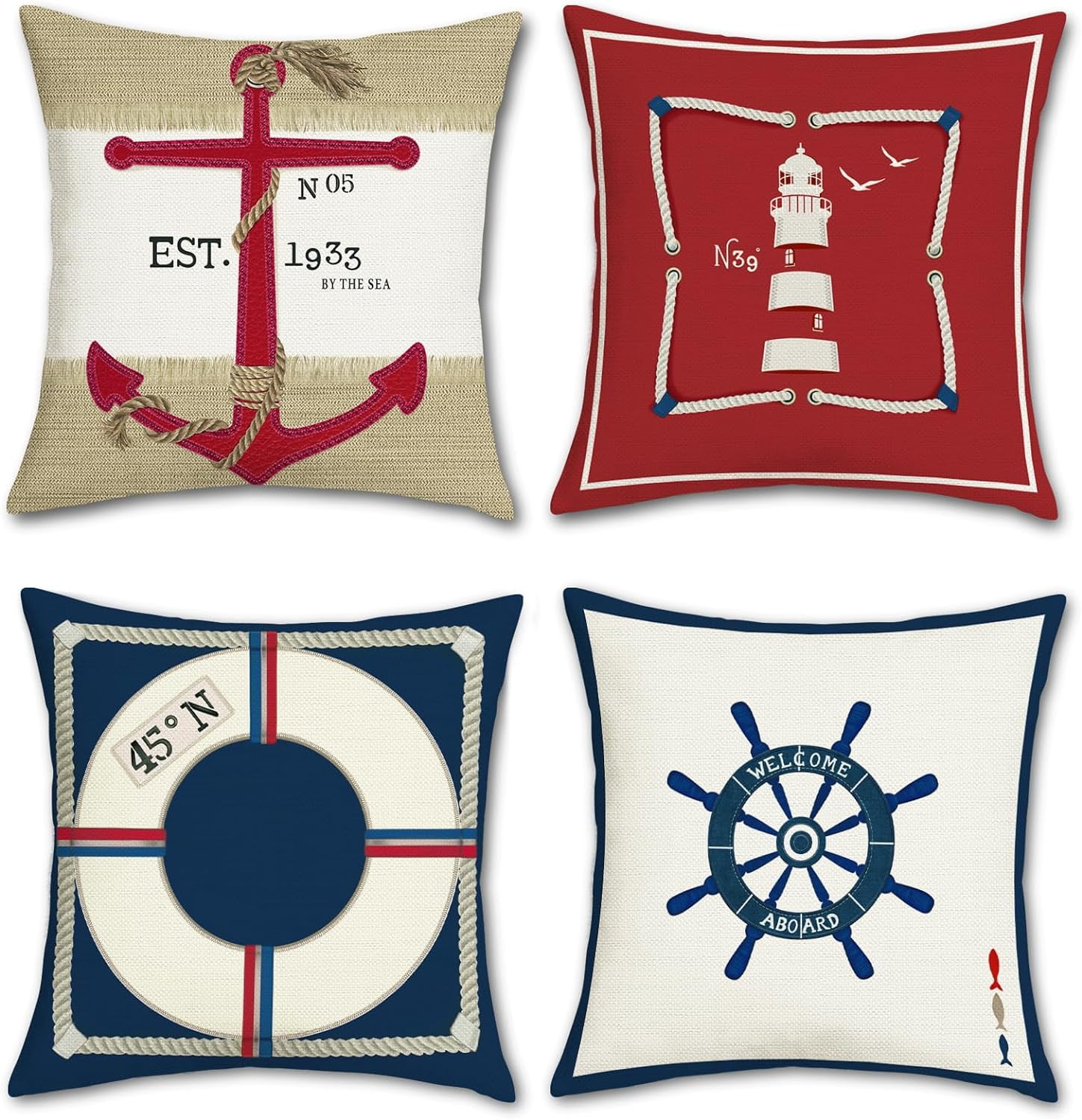 Summer Nautical Throw Pillow Covers 18 x 18 Inch Anchor Lighthouse Red ...
