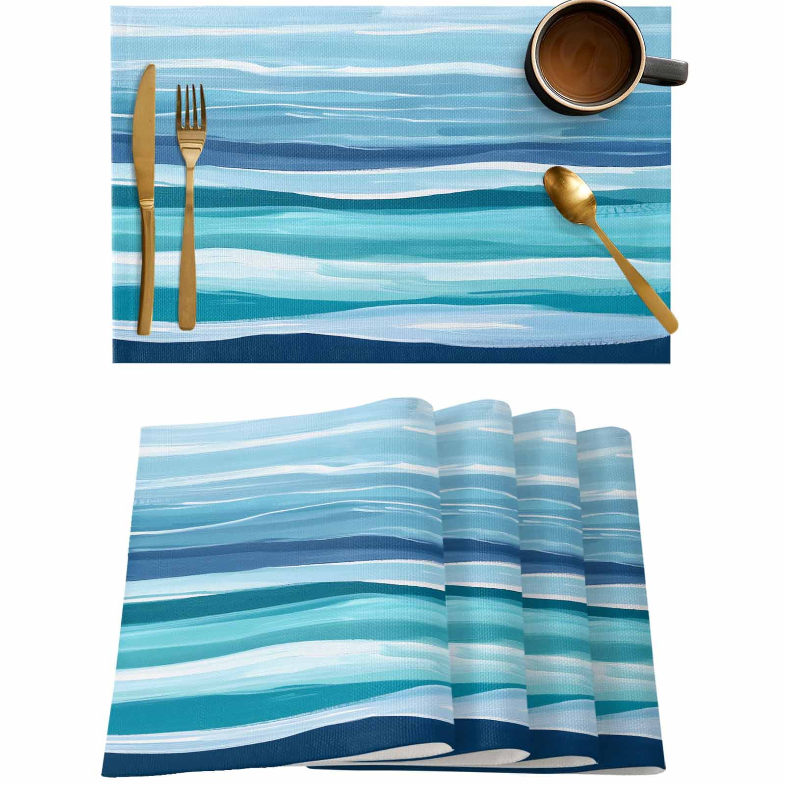 Summer Navy Blue Water Ripple Placemats Set of 4,Wipeable Washable Table Mats for Dining Tables ...