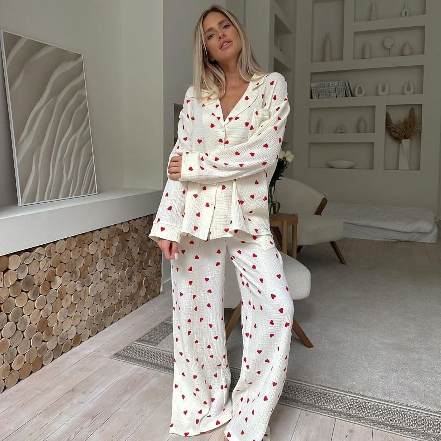 Summer New Love Heart Print Pyjama 100% Cotton Long Sleeve Set 2Pcs ...