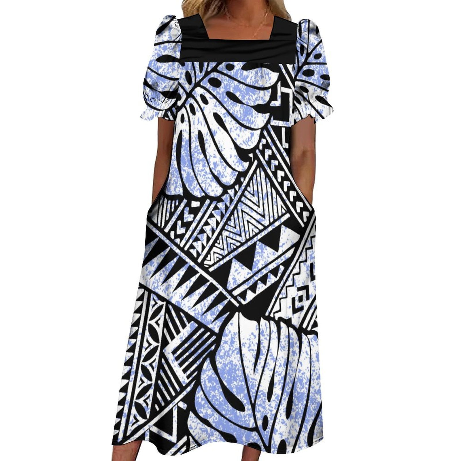 Summer New Pocket Design Mumu Polynesian Dress Square Collar Maxi ...