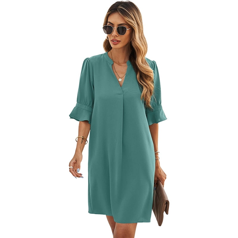 Summer New Solid Color Pullover V Neck Short Sleeve Dress for Women ...