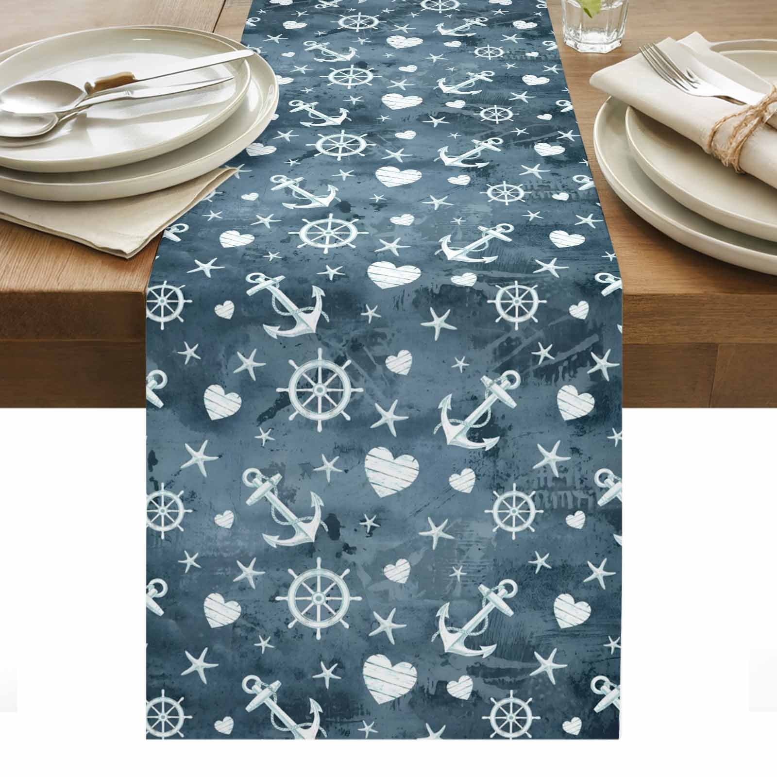 Summer Ocean Anchor Cotton Linen Table Runner Nautical Coastal Sea Blue ...