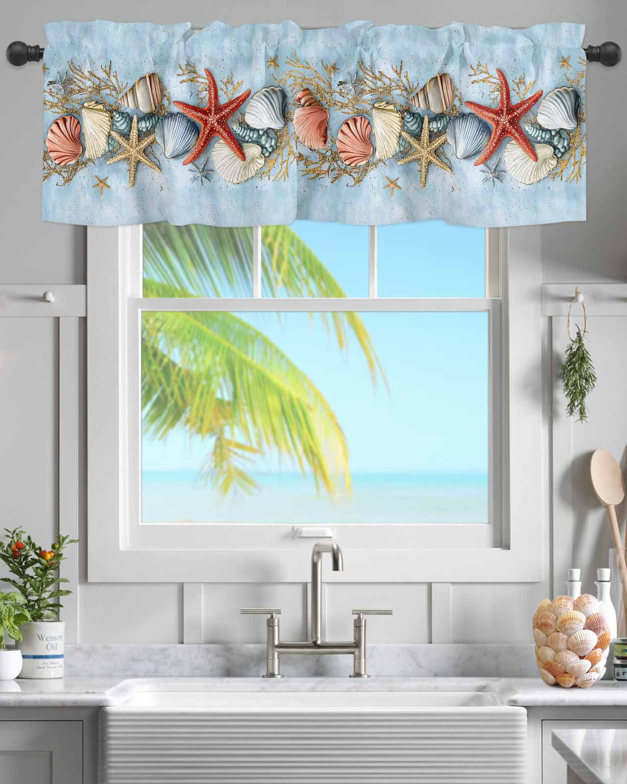 Summer Ocean Beach Marine Life Curtain Valances for Kitchen Windows,Rod ...