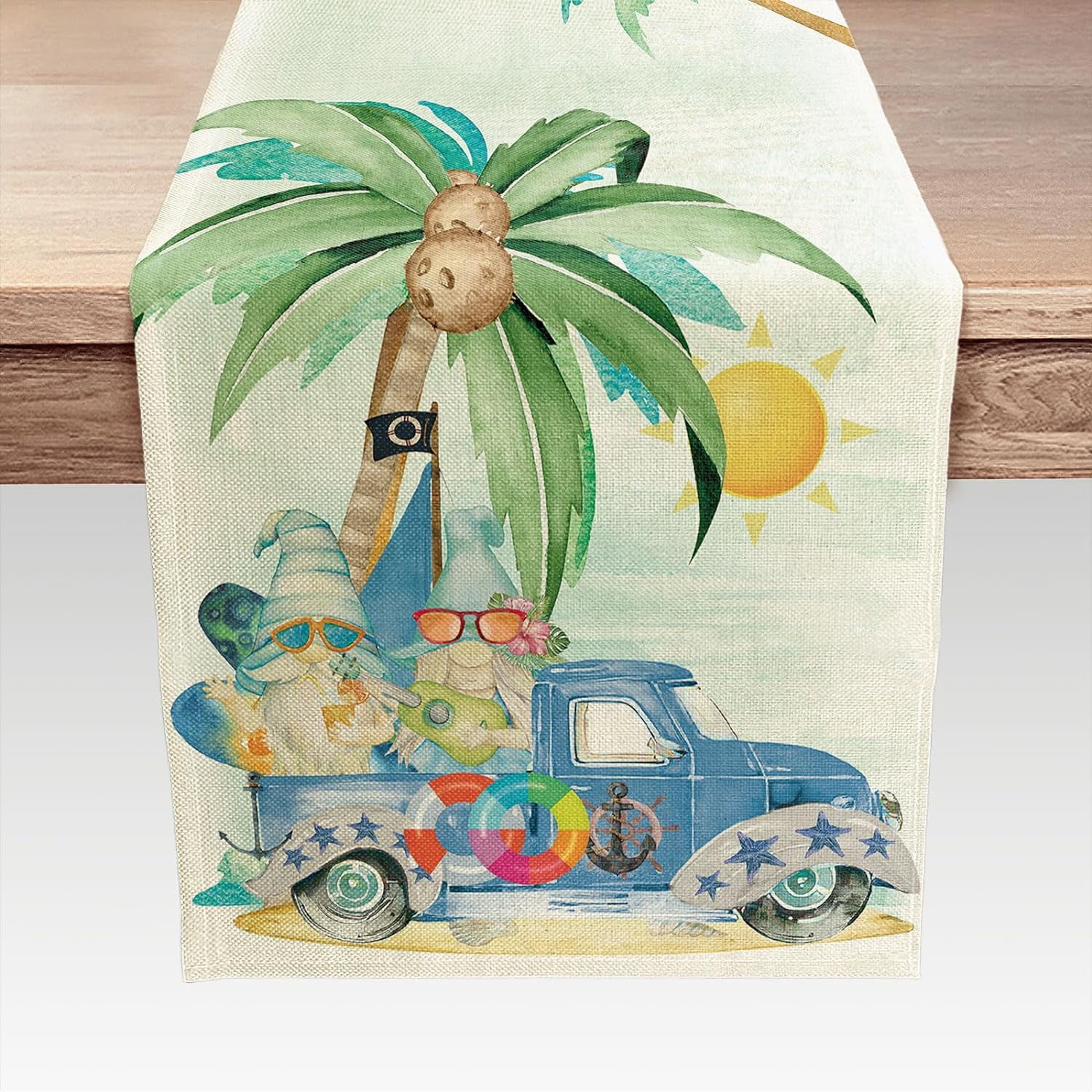 Summer Ocean Beach Tropical Palm Tree Table Runner, Gnome Blue Truck ...