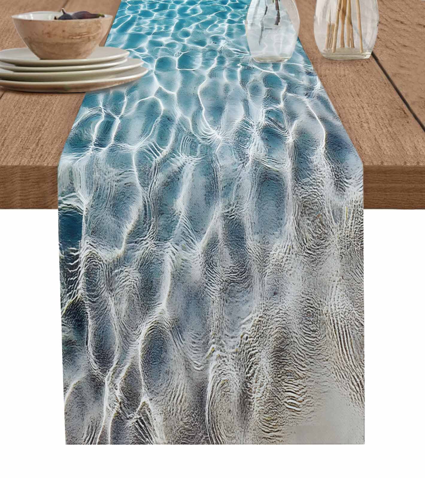 Summer Ocean Burlap Cotton Table Runner 18x72 Inches Long, Blue Water ...