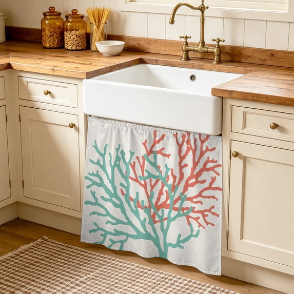 Summer Ocean Cabinet Curtain, Sea Green Orange Coral Sink Skirt for ...