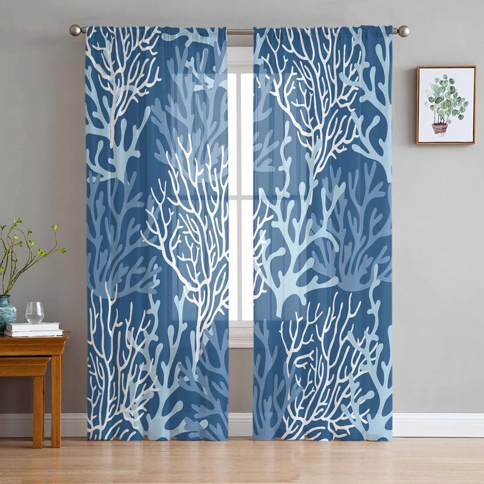 Summer Ocean Coral Dark Blue Tulle Curtain for Living Room Bedroom ...