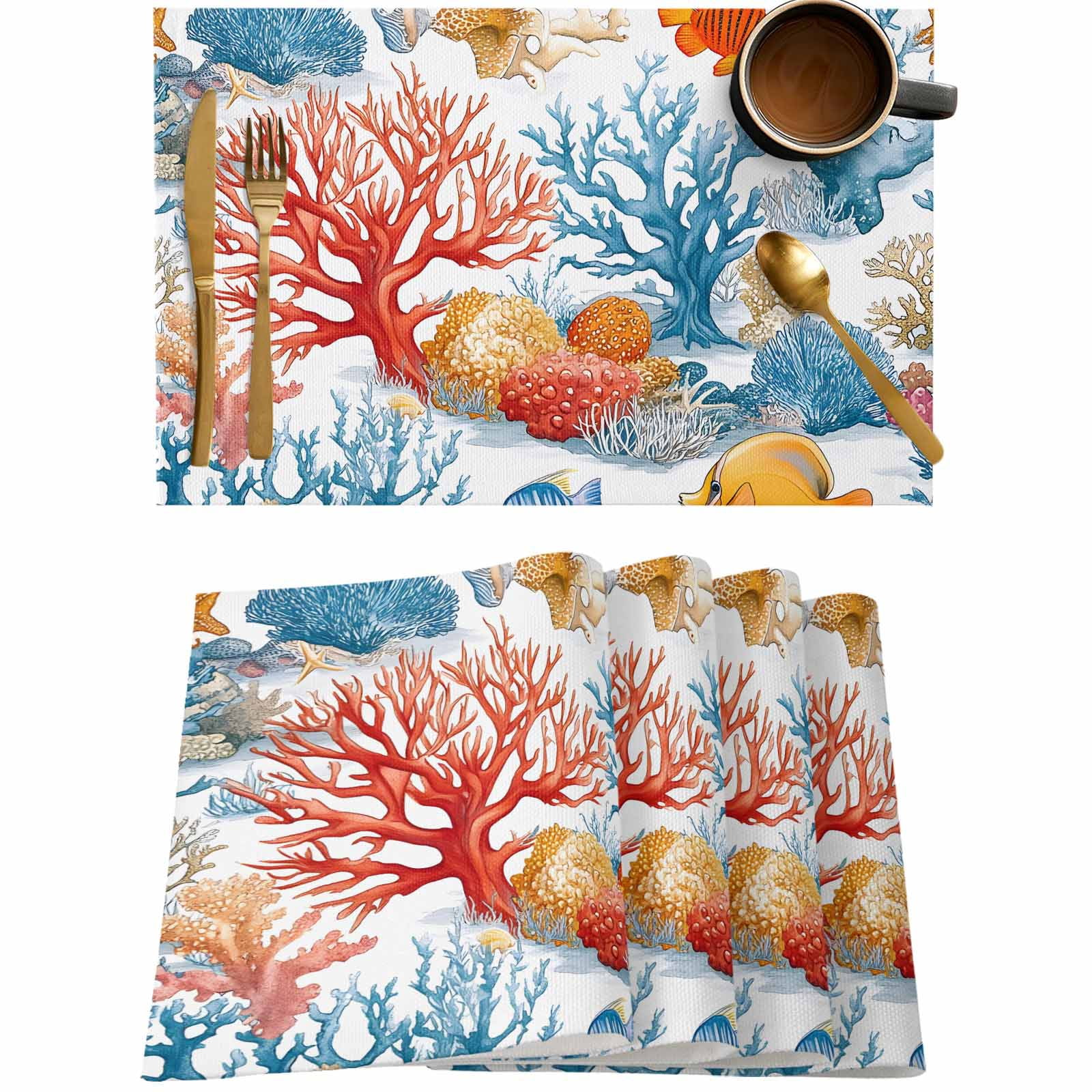 Summer Ocean Coral Fish Placemats Set of 4,Wipeable Washable Table Mats ...