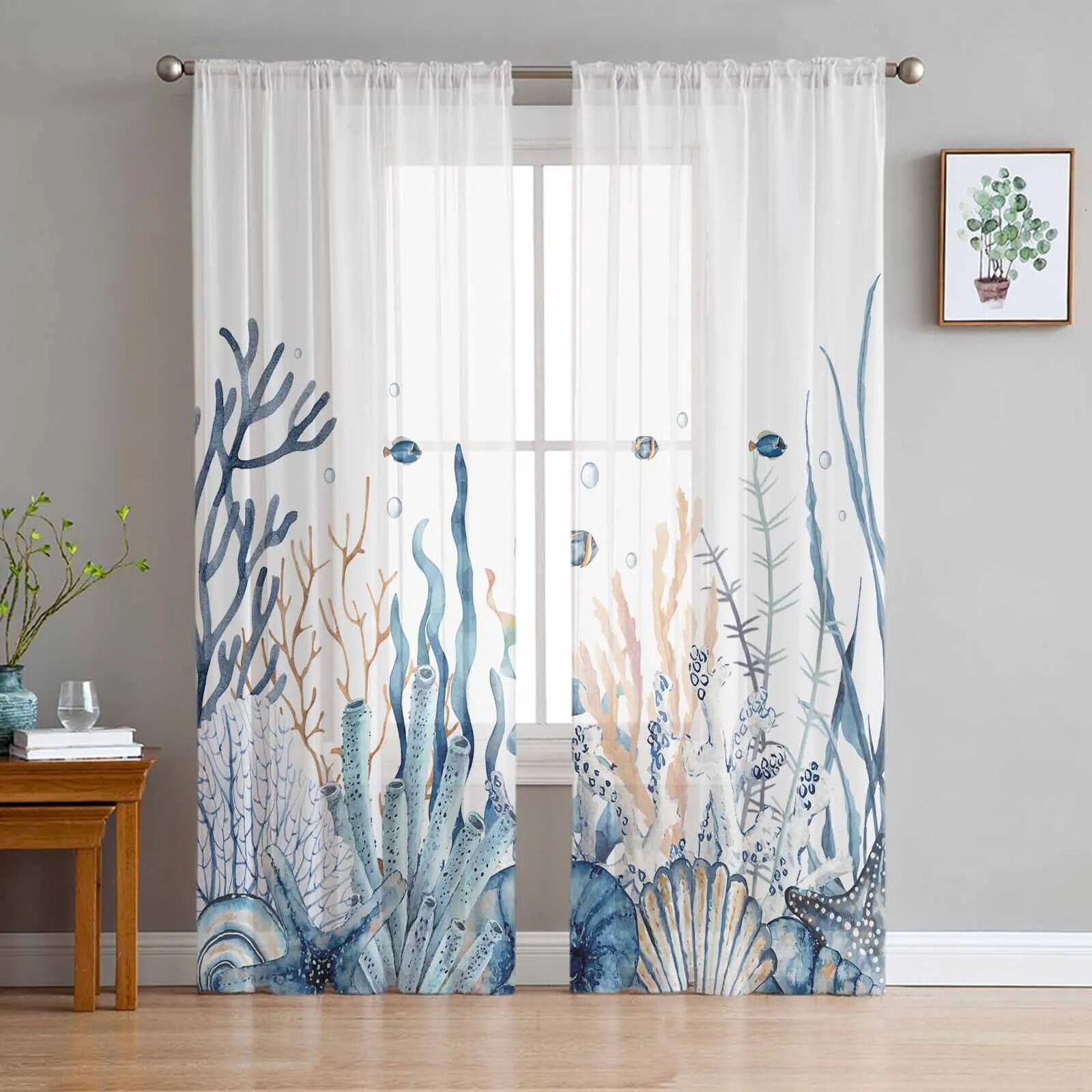 Summer Ocean Coral Seaweed Tulle Curtains for Living Room Bedroom ...