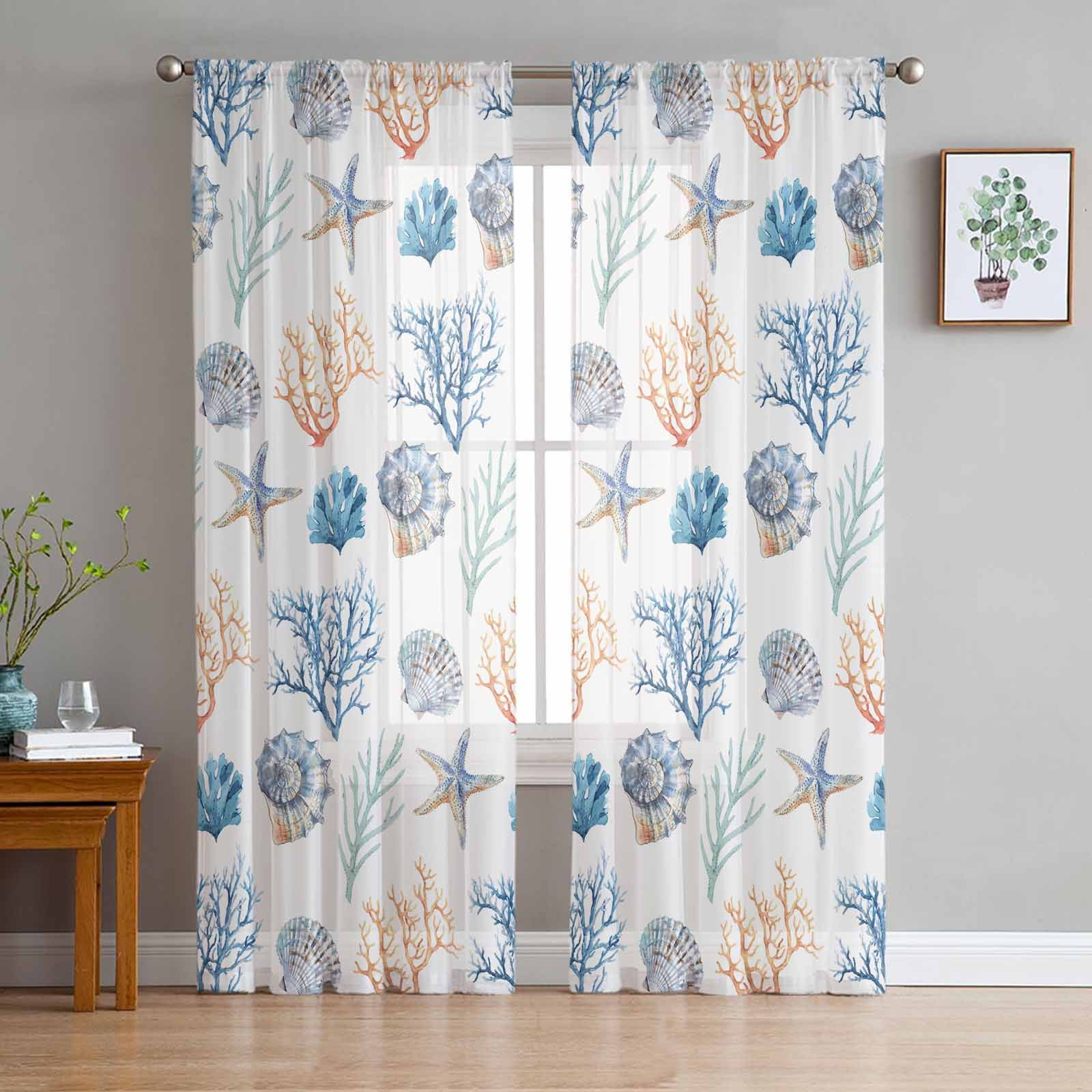 Summer Ocean Coral Shell Star Sheer Tulle Curtains for Living Room ...
