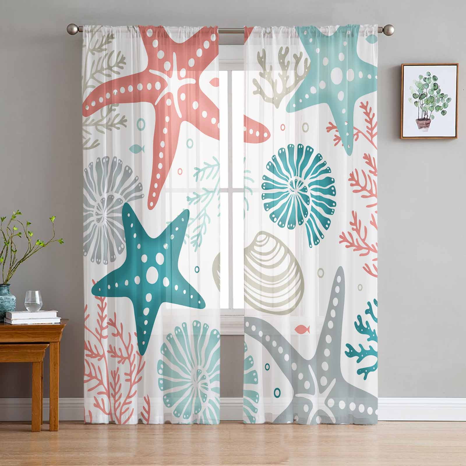 Summer Ocean Coral Star Shell Duck Green Blue Sheer Curtains For Living ...