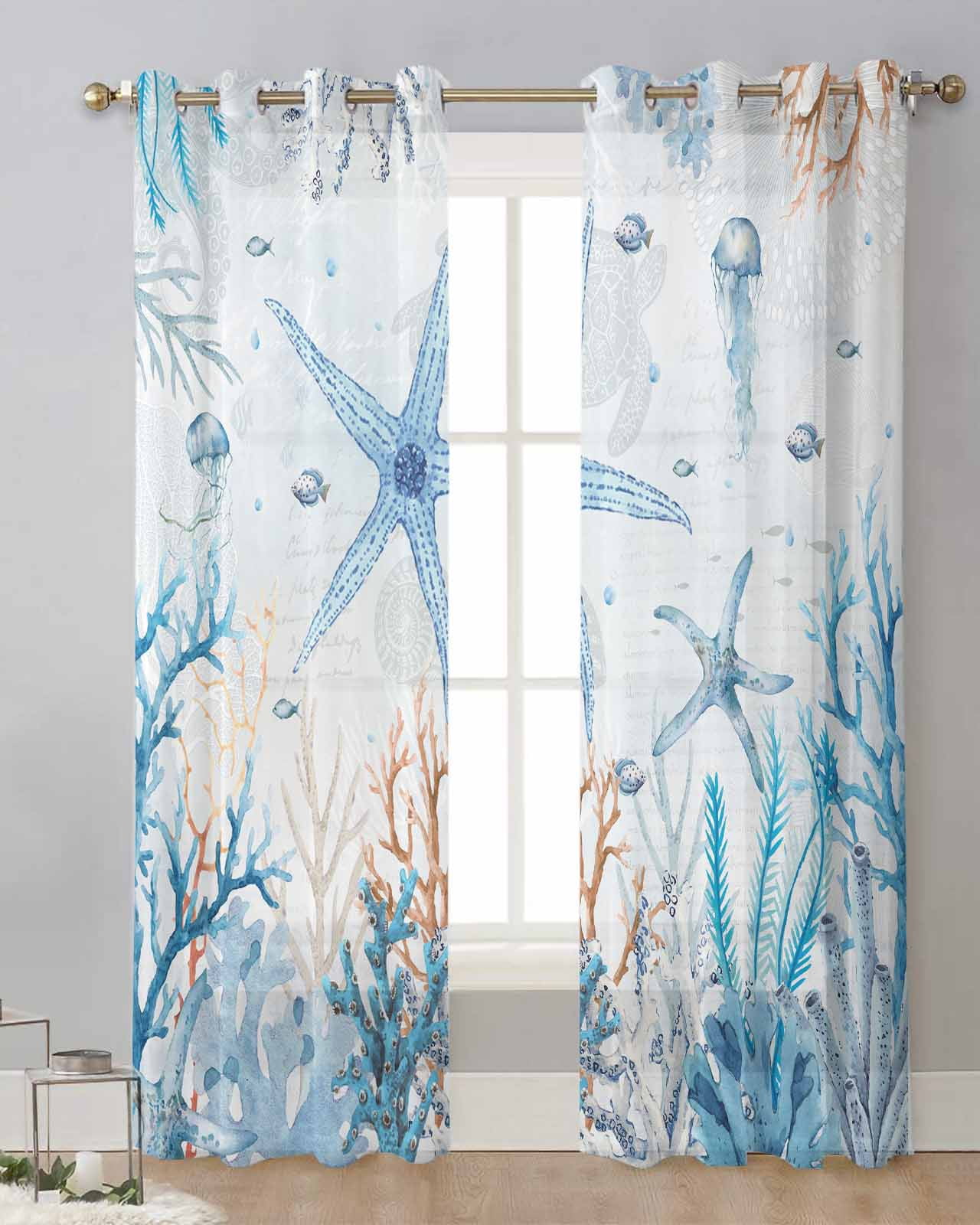 Summer Ocean Coral Star Turtle Jelly Blue Tulle Drapes Living Room ...