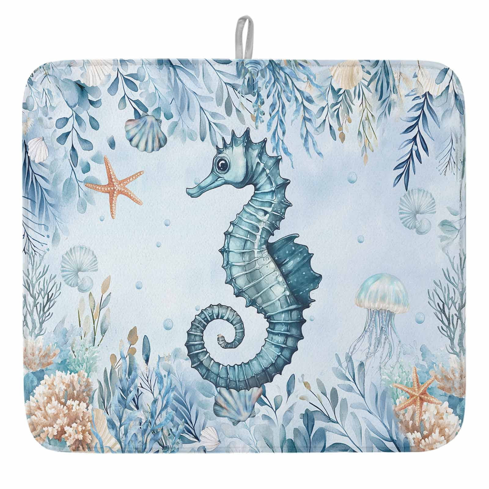 Summer Ocean Dish Drying Mat, Coastal Seahorse Coral Pattern Absorbent ...