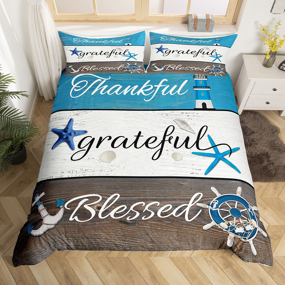 Summer Ocean Duvet Cover for Kids Boys Girls,Farmhouse Wooden Pastel ...