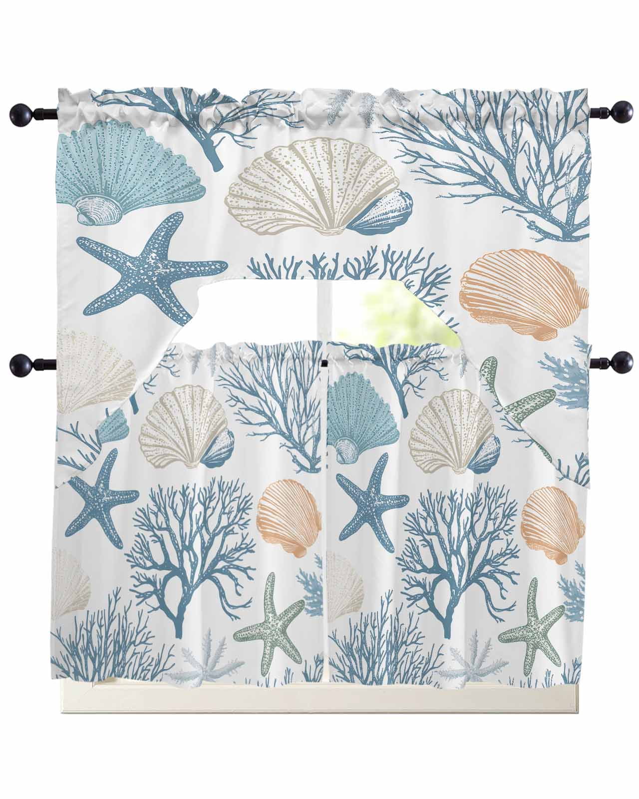 Summer Ocean Life Swag Valance and Tier Curtains Set Marine Starfish ...