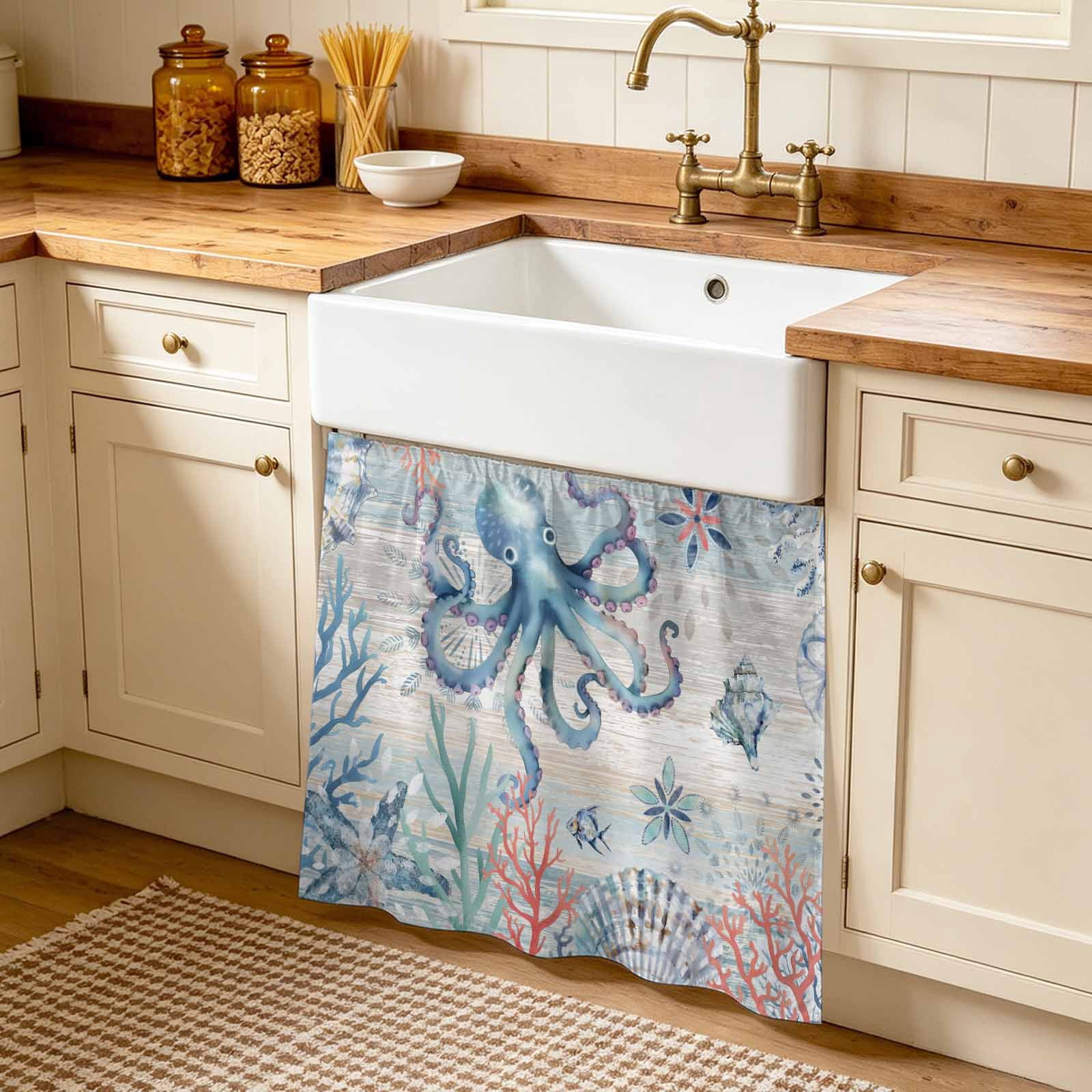 Summer Ocean Octopus Cabinet Curtain, Shell Coral Sink Skirt for ...