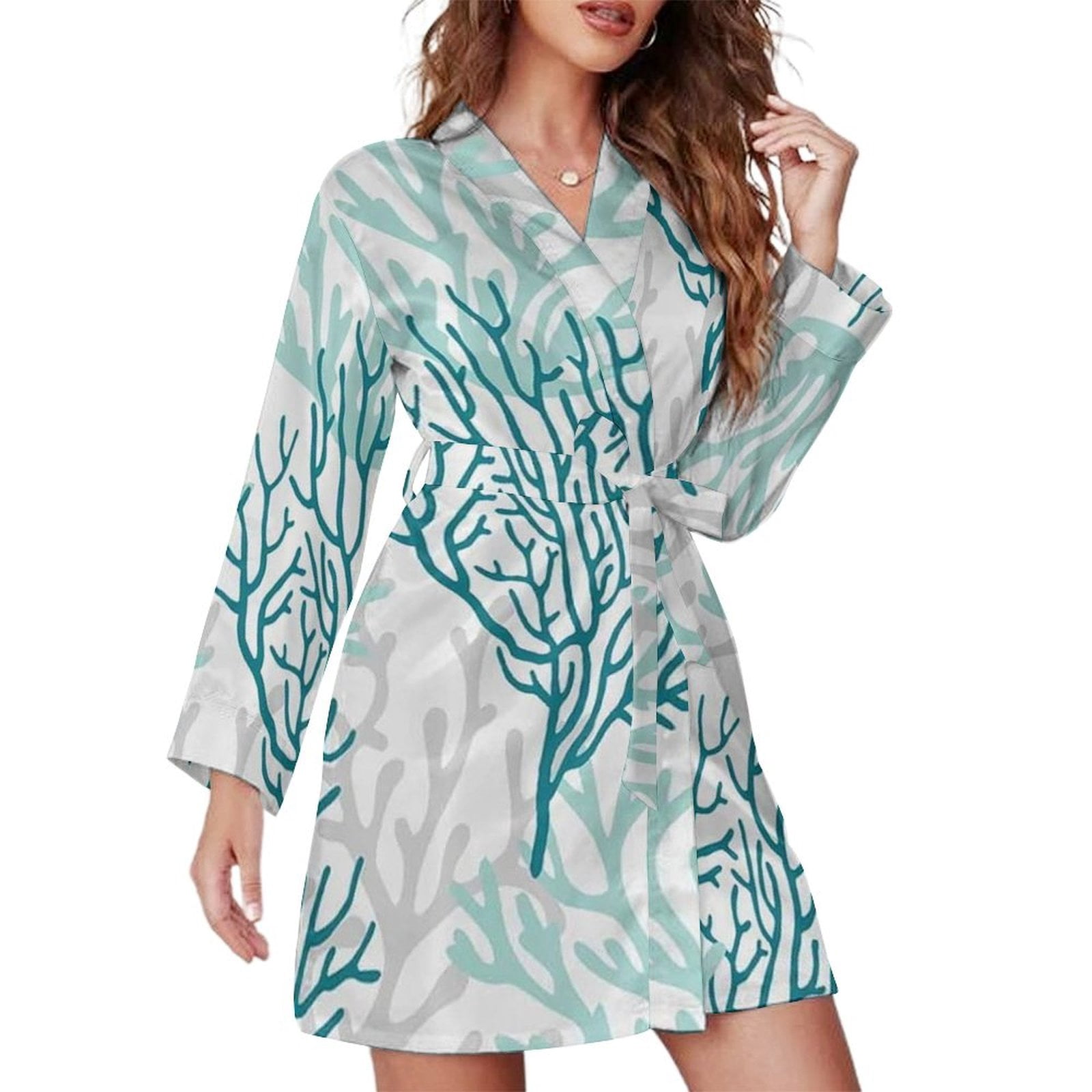 Summer Ocean Ombre Blue Coral Night Robe Long Sleeve V Neck Robe With ...