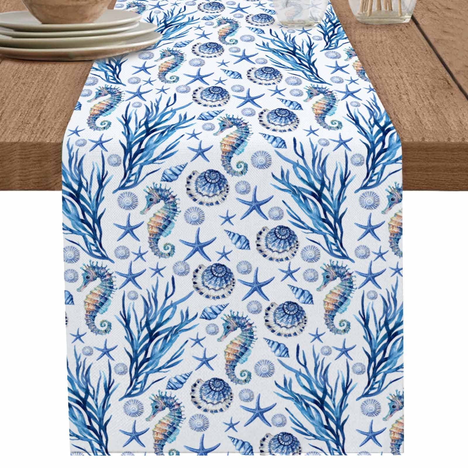 Summer Ocean Seahorse Coral Starfish on Blue Table Runner-70 Inch Long ...