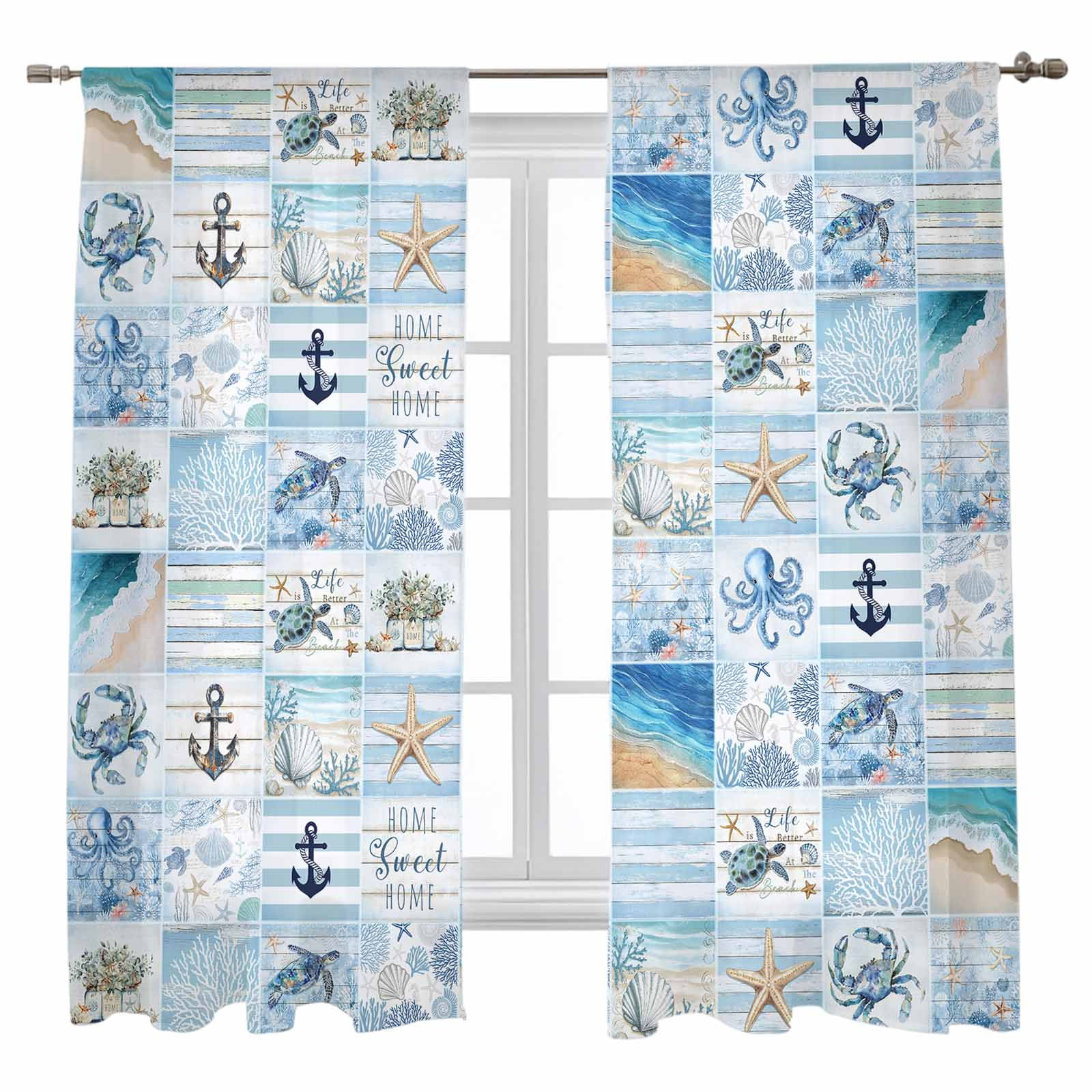 Summer Ocean Sheer Curtains 2 Panels Set, Turtle Octopus Starfish ...