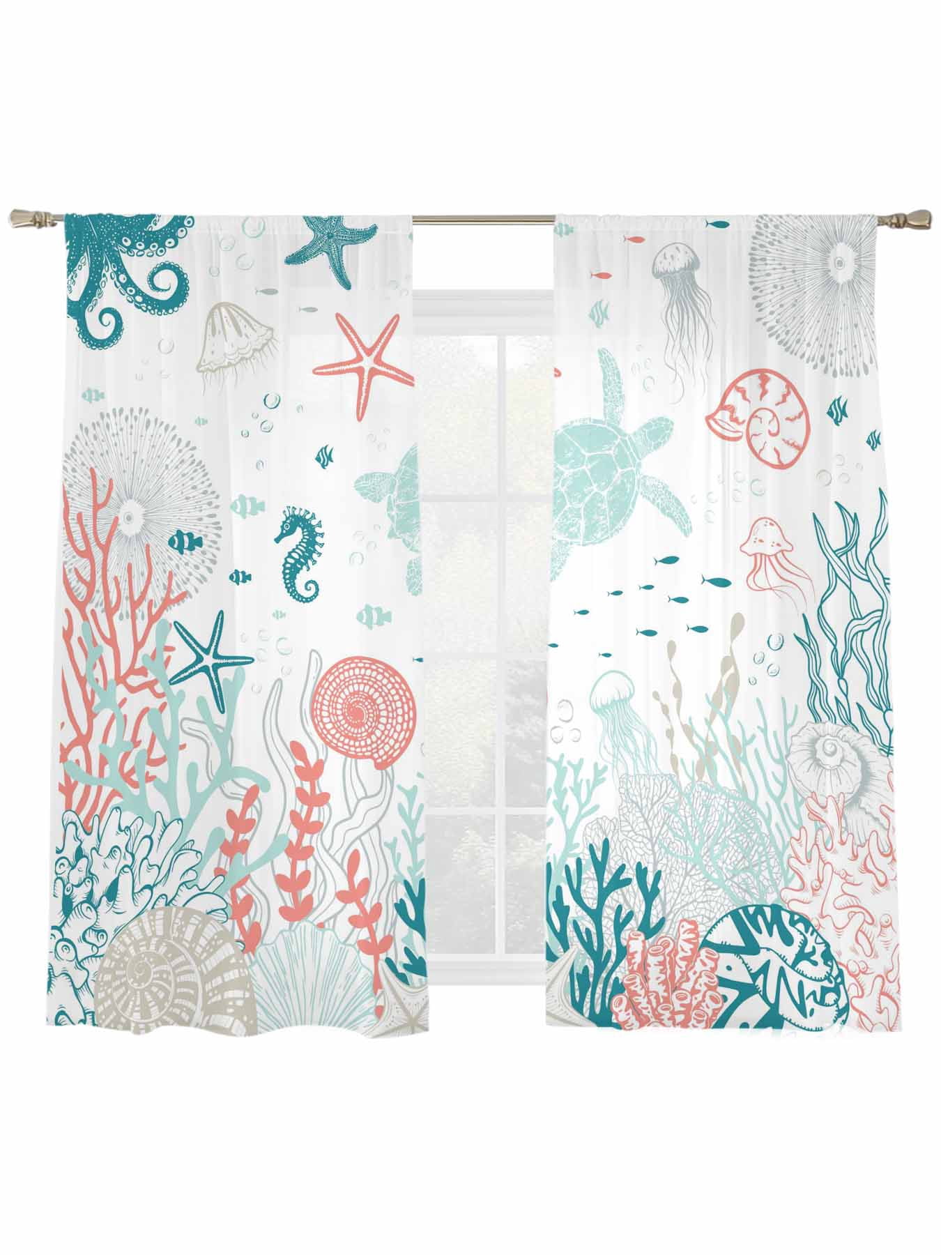 Summer Ocean Sheer Curtains 72 Inch Long 2 Panels, Teal Red Shell Coral ...