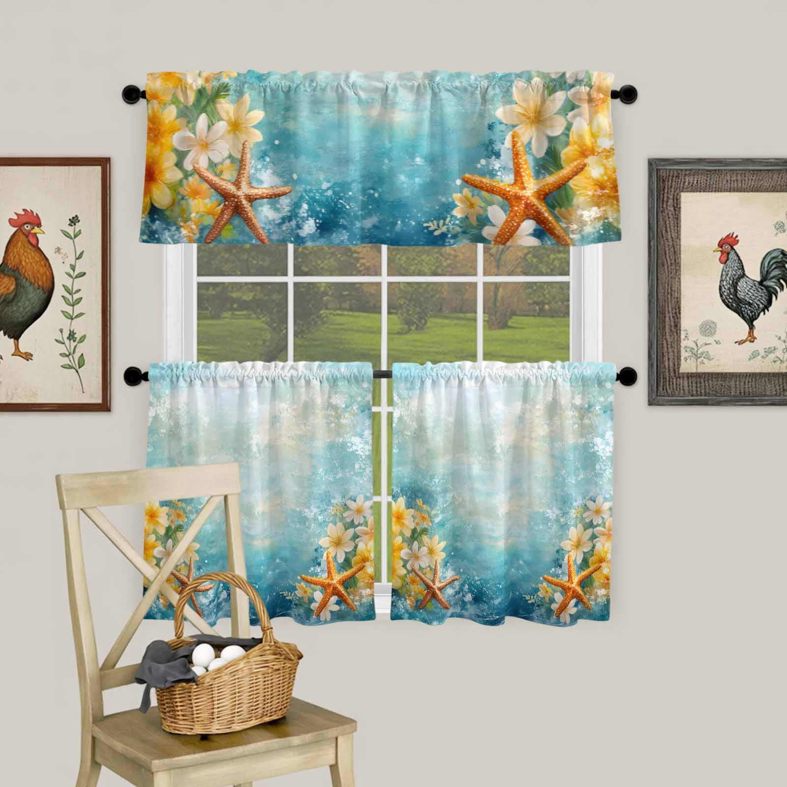 Summer Ocean Starfish Flowers Curtain Tier and Valance Set 3 Piece ...