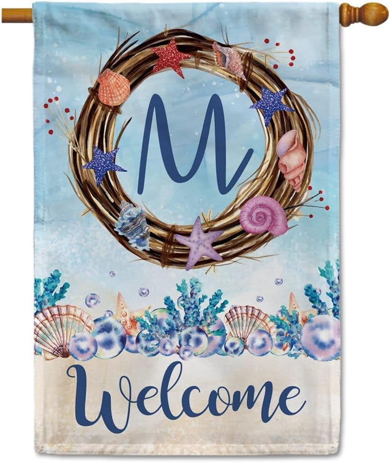Summer Ocean Starfish Seashell Pearl Monogram Letter M House Flag for ...