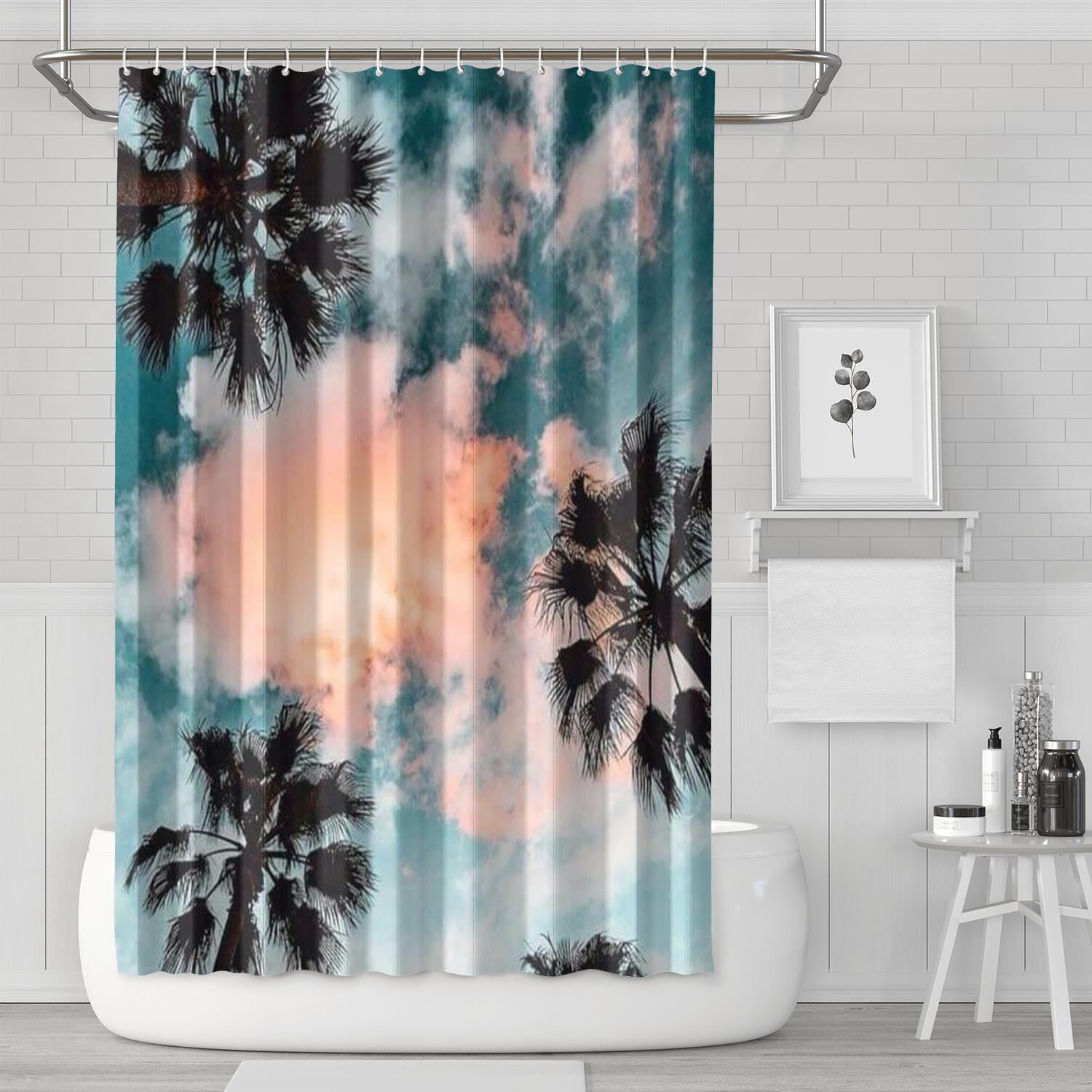 Summer Ocean Sunset Shower Curtain 72x72, Tropical Palm Tree Beach Vibe ...